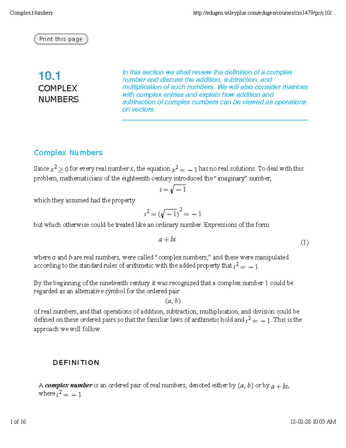 MATH1B03 10 - Lecture notes 10.1 - Complex Numbers Print this page 10 ...