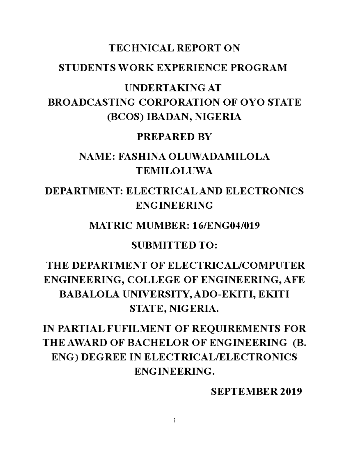 Student's Work Experience Programme (SWEP) Report - TECHNICAL REPORT ON ...