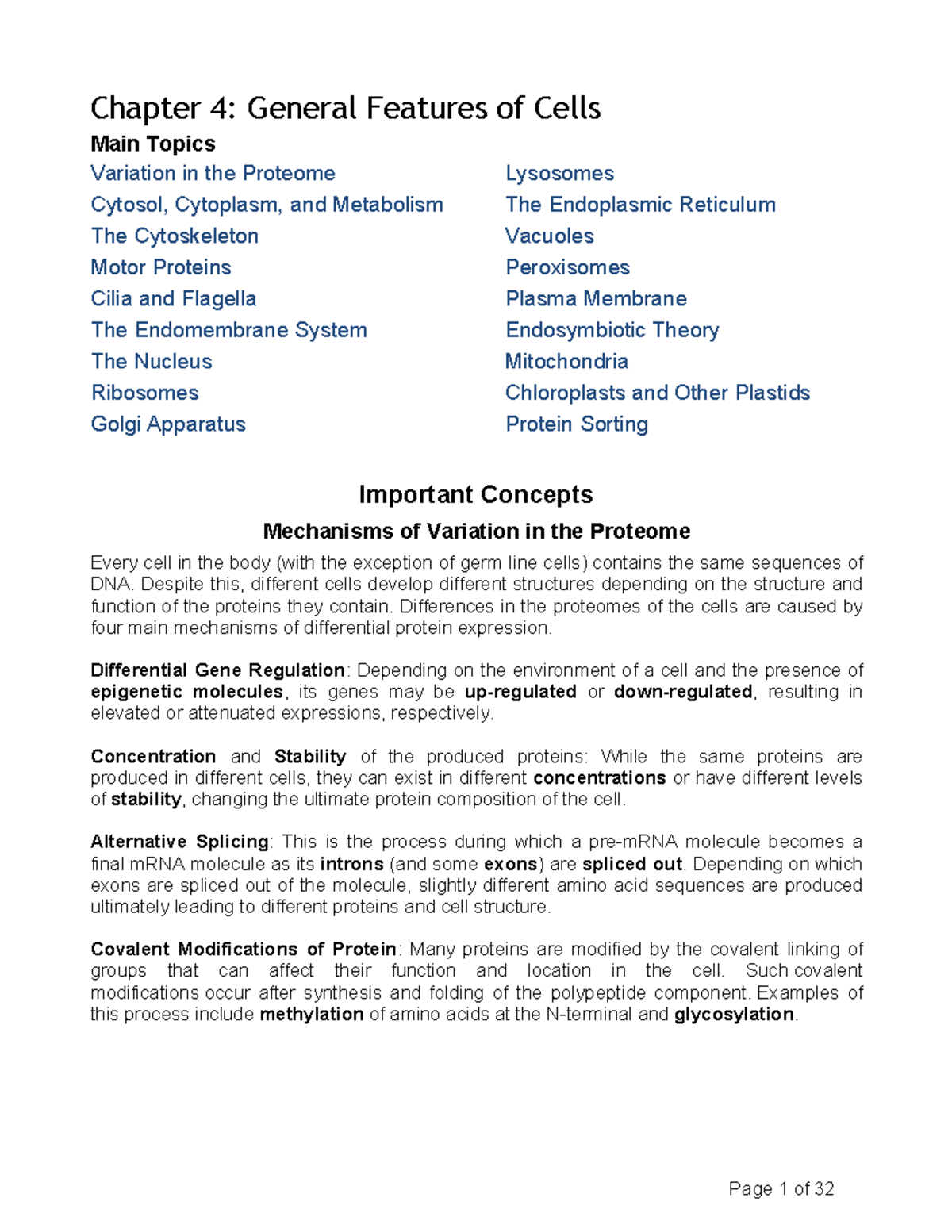 CELL 1010 - Dr V - Exam II Study Guide - Chapter 4: General Features of Cells Main Topics ...
