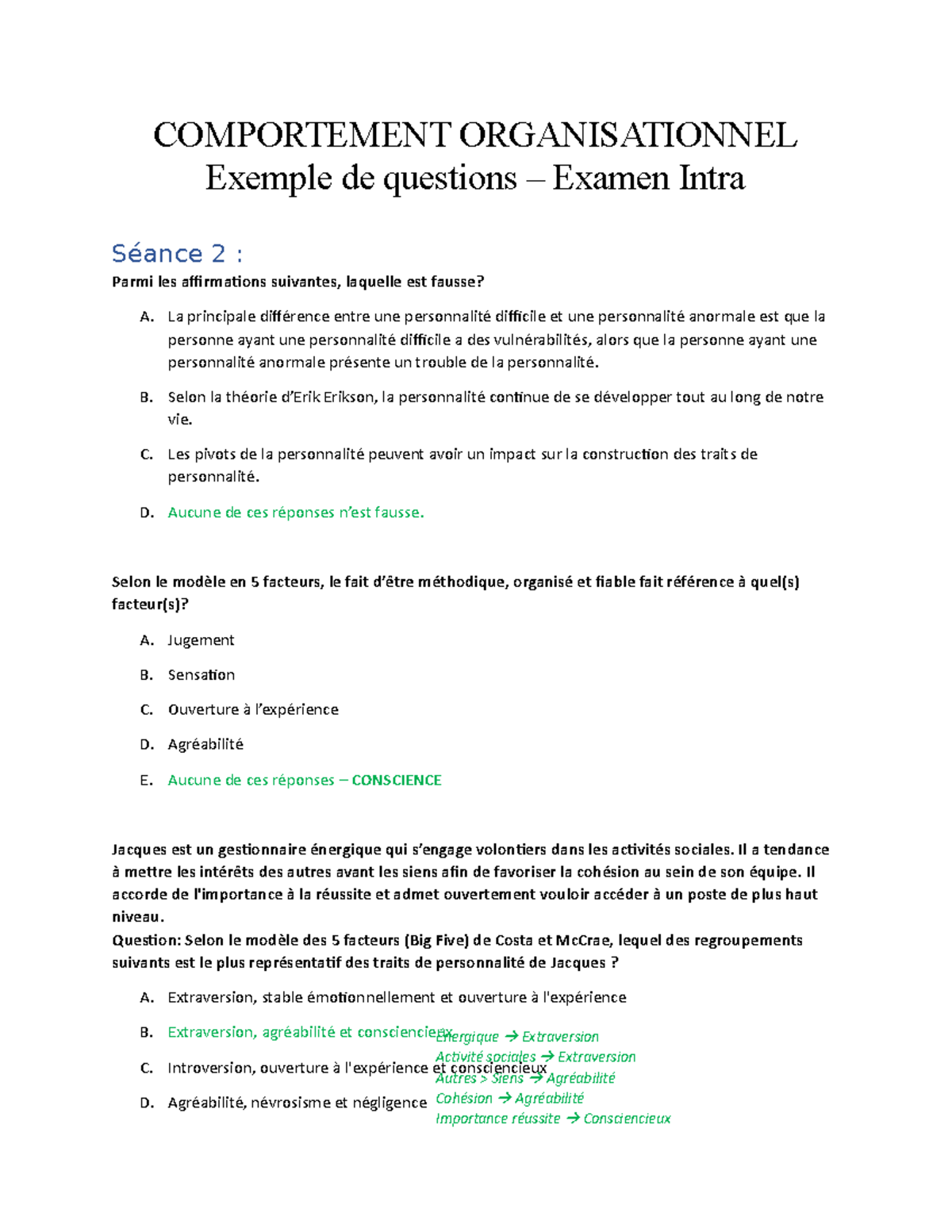 CO-Exemples de questions - COMPORTEMENT ORGANISATIONNEL Exemple de ...