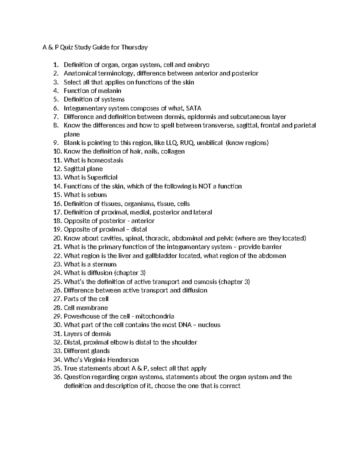 A & P Quiz Study Guide - A & P Quiz Study Guide for Thursday 1 ...