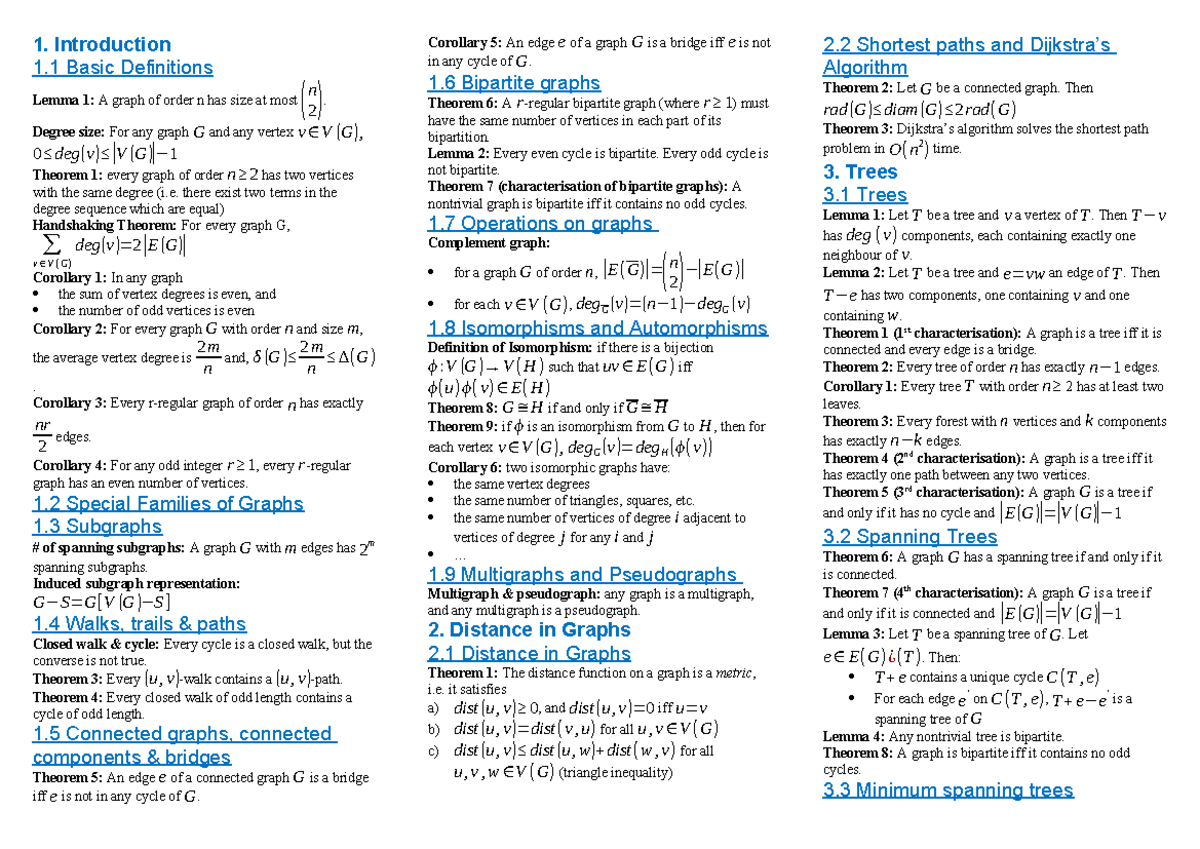 GT Summary of Theorems - Introduction 1 Basic Definitions Lemma 1: A graph of order n has size ...