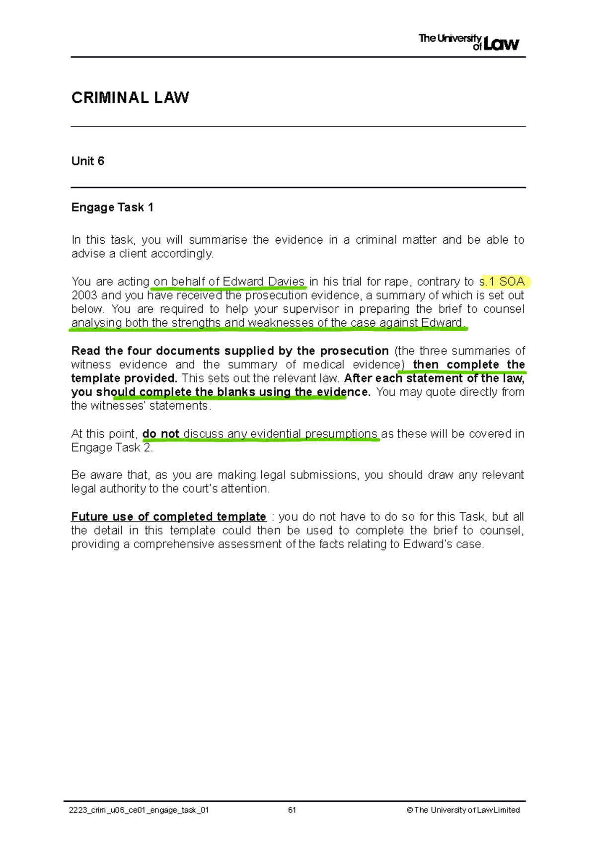 Unit 6 Engage 1 copy - Lecture - CRIMINAL LAW Unit 6 Engage Task 1 In ...