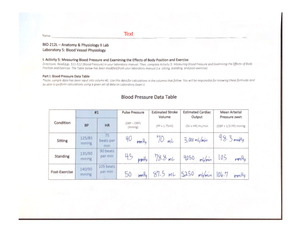 Lab5 BPchart - Blood Vessel Physiology - BIO 212L - Studocu