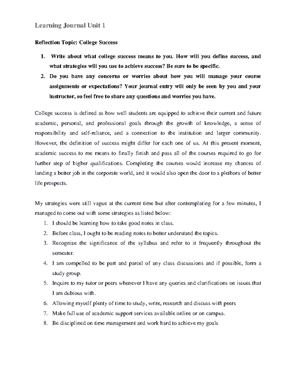 UNIV 1001 Learning Journal Unit 1 : College Success - Learning Journal ...
