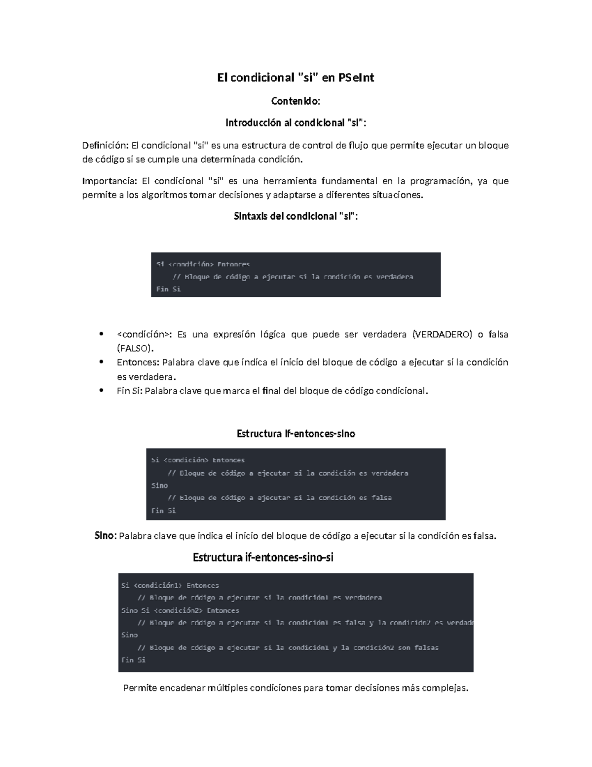 El condicional si entonces - El condicional "si" en PSeInt Contenido ...