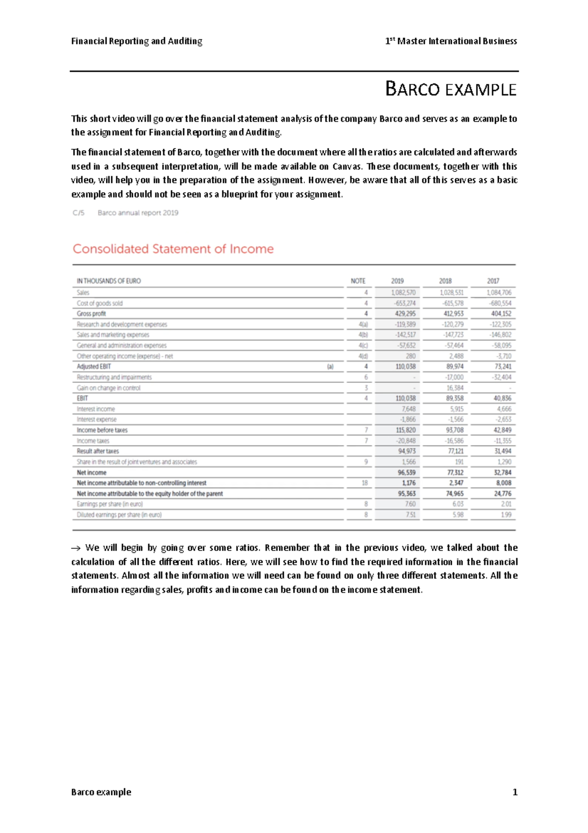 Notes on pre-recorded video of the Barco example - Financial Reporting ...