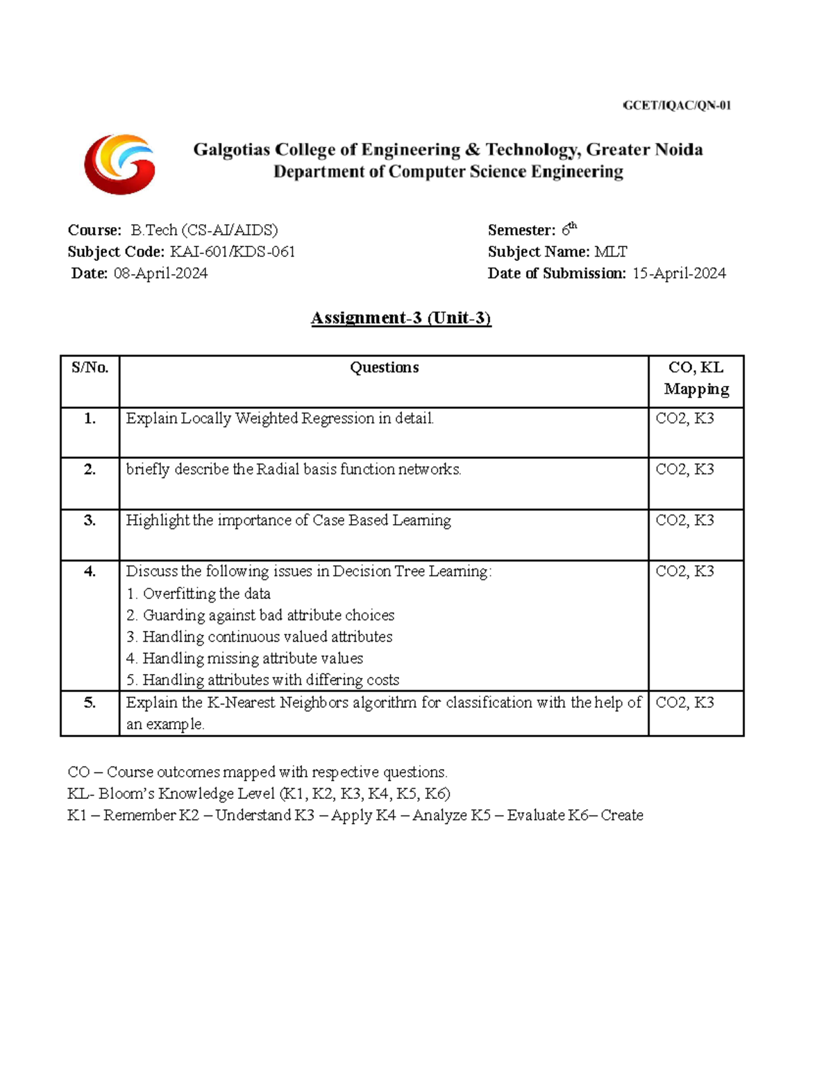 Assignment of MLT Unit-3 - Course: B (CS-AI/AIDS) Semester: 6 th Subject Code: KAI-601/KDS-061 ...