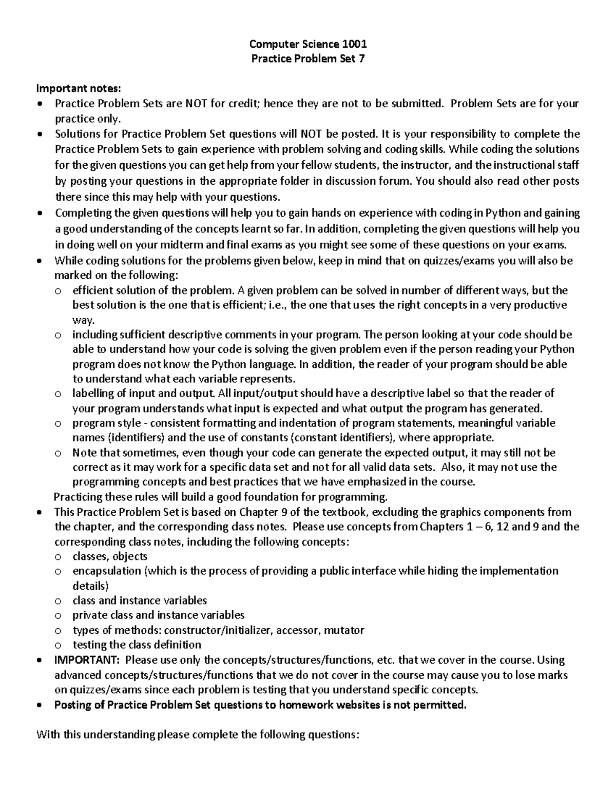 Practice Problem Set 7 - Computer Science 1001 Practice Problem Set 7 ...