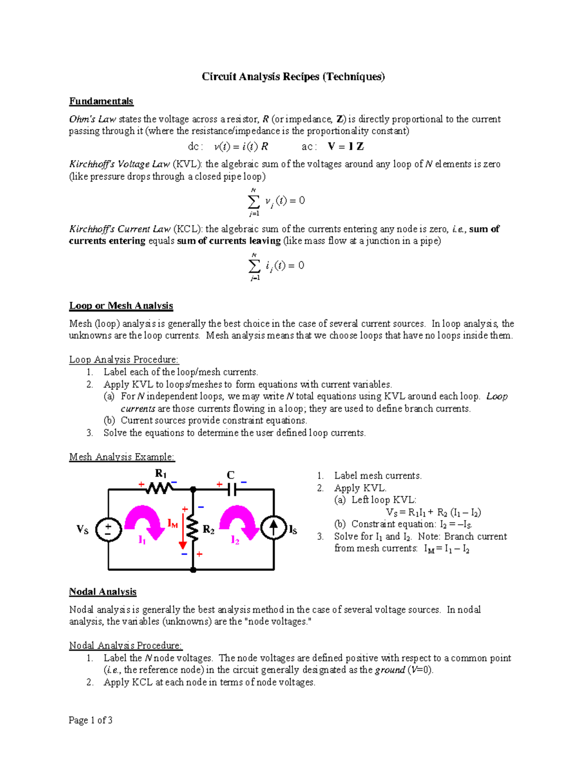 Revision -Circuit Analysis Recipes - Page 1 of 3 Circuit Analysis ...