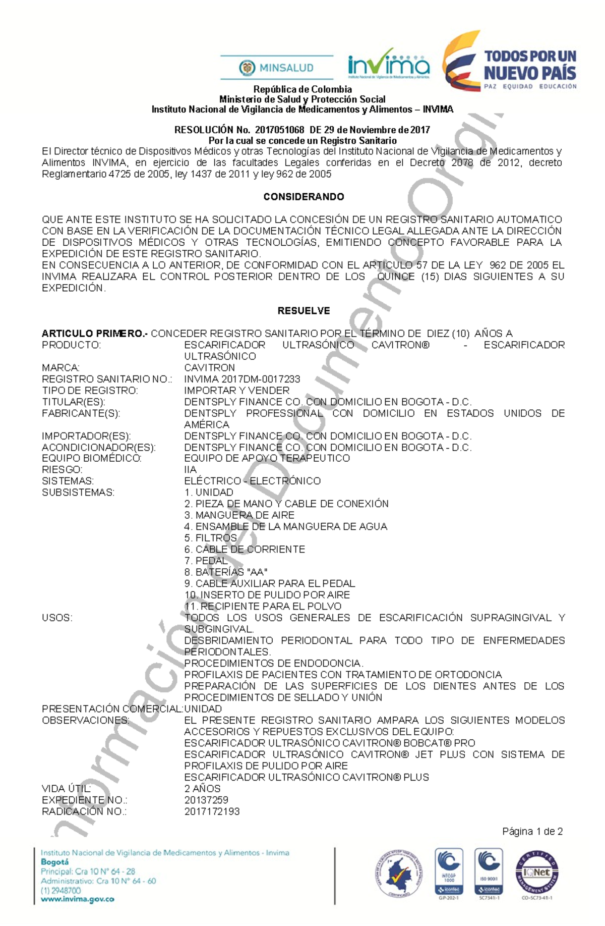 Cavitron Dentsply Invima - Información del Documento Original República ...