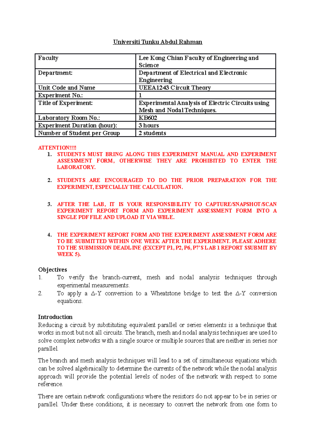 UEEA 1243 Circuit Theory Lab 1 - Universiti Tunku Abdul Rahman Faculty ...