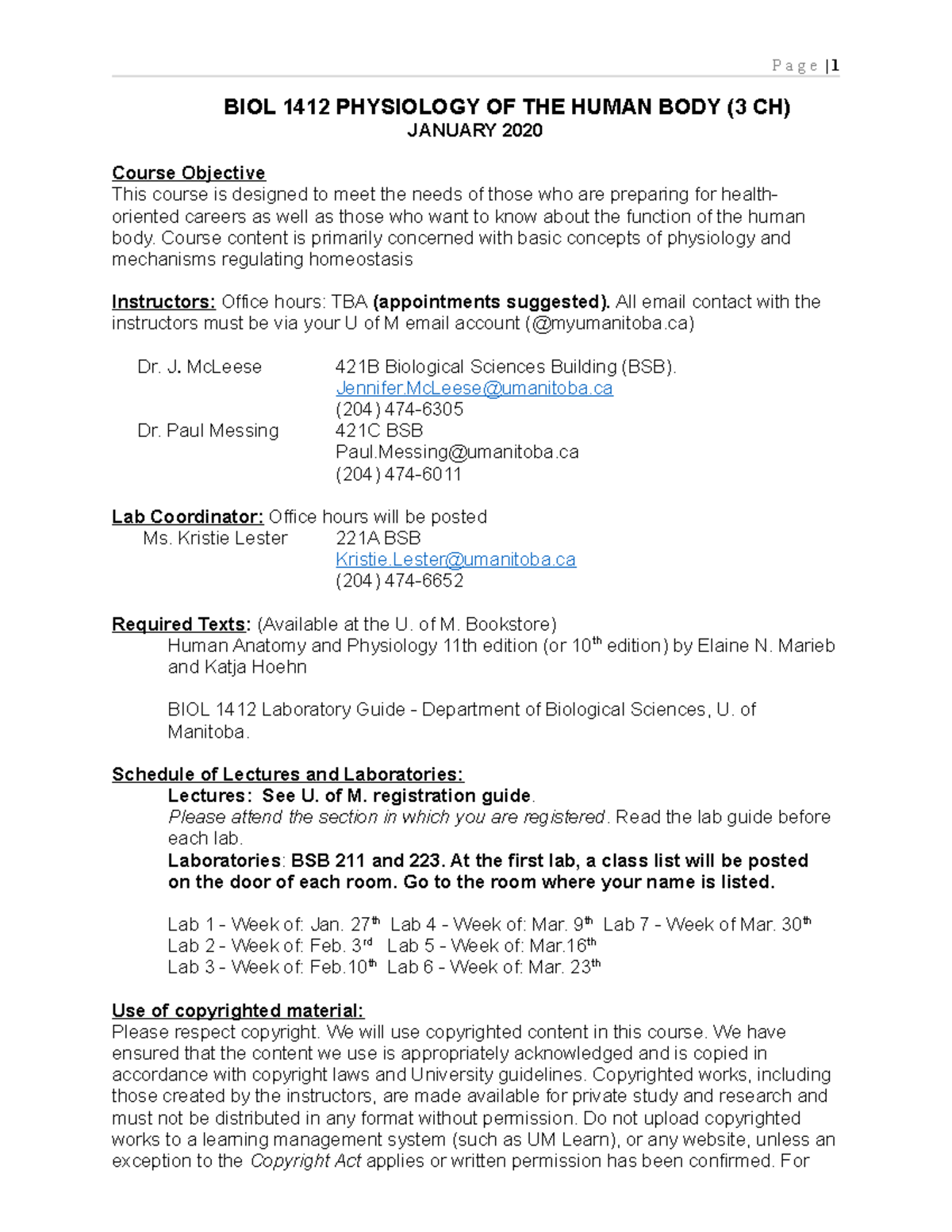 1412Jan 20 syllabus - BIOL 1412 PHYSIOLOGY OF THE HUMAN BODY (3 CH ...