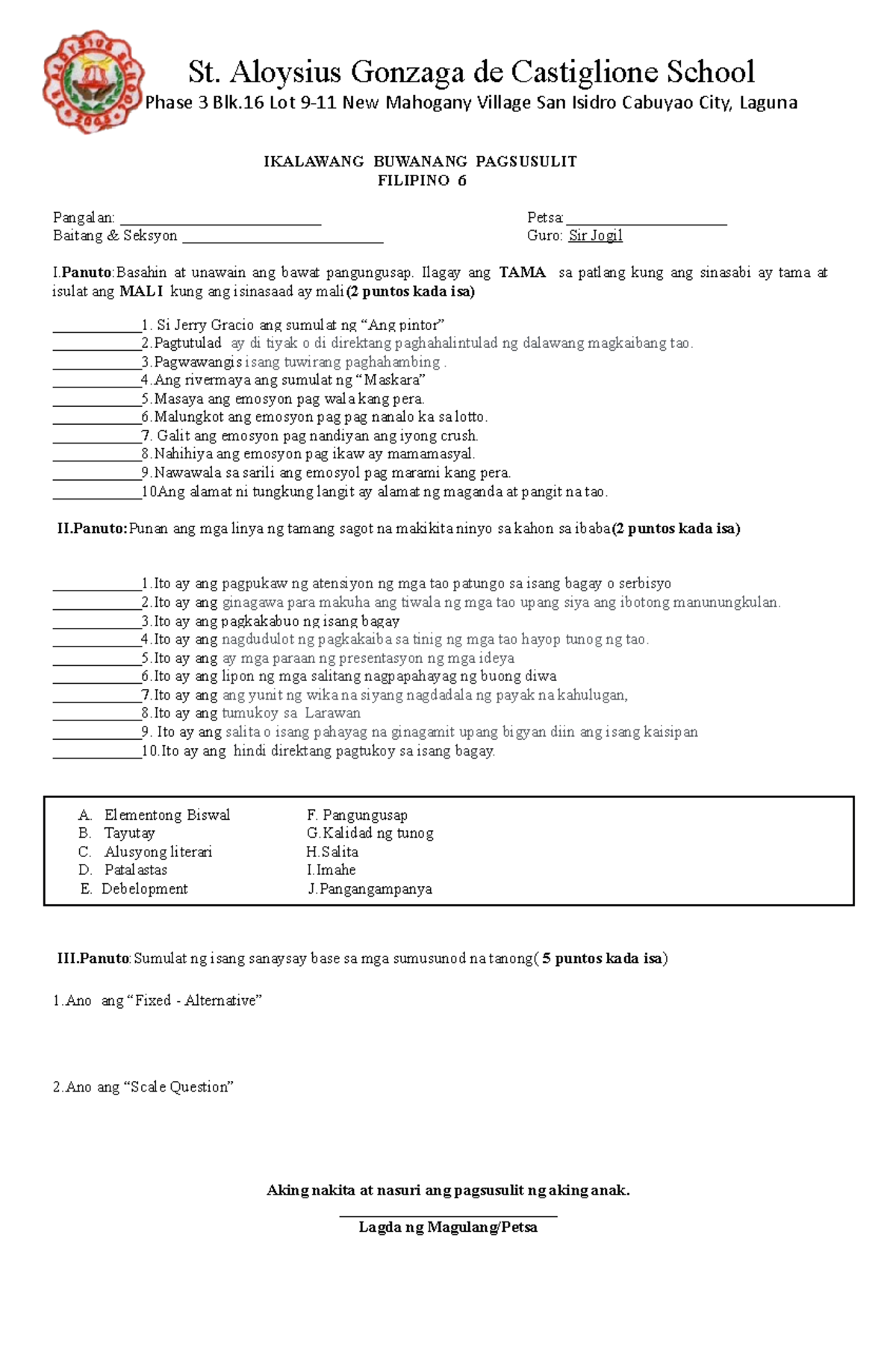 2nd-Monthly-Exam - exam - IKALAWANG BUWANANG PAGSUSULIT FILIPINO 6 ...