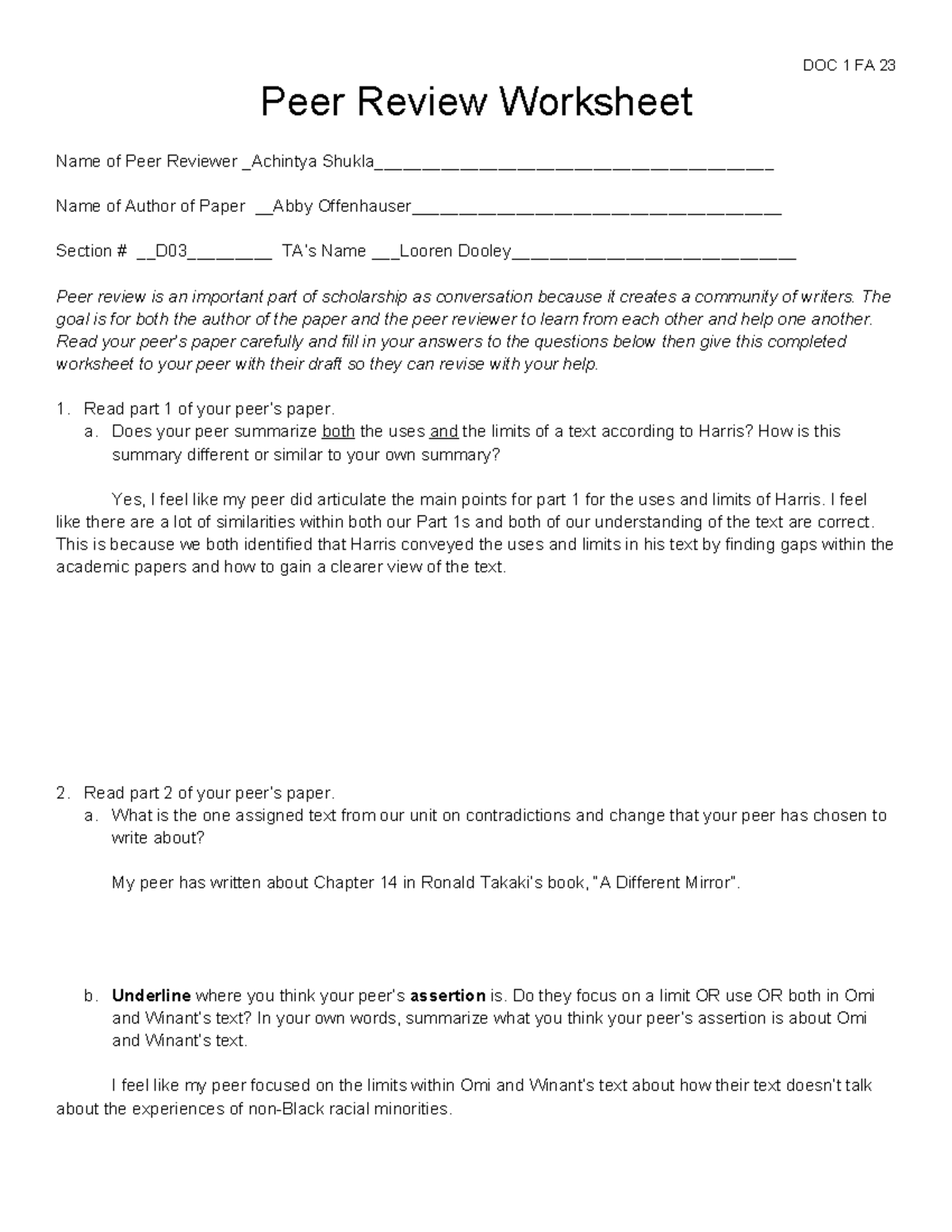 Copy of DOC 1 FA23 Wk 10 Peer Reveiw - DOC 1 FA 23 Peer Review ...