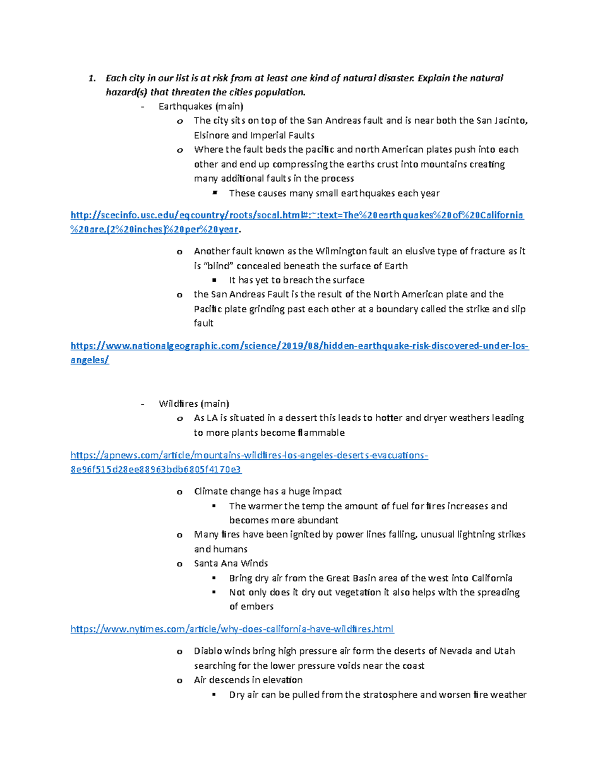 Natural Disasters notes - 1. Each city in our list is at risk from at ...
