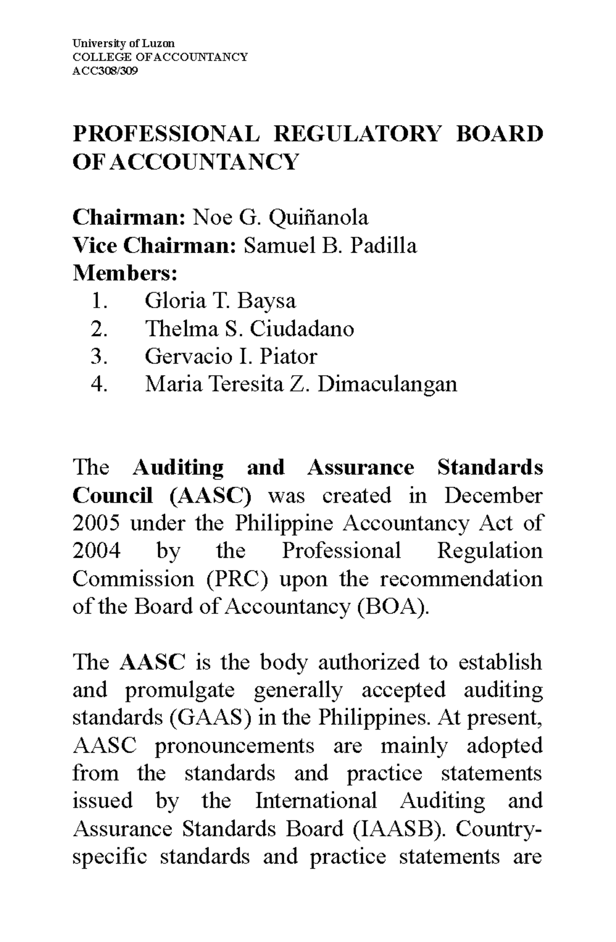 BOA - BOA - COLLEGE OF ACCOUNTANCY ACC308/ PROFESSIONAL REGULATORY ...