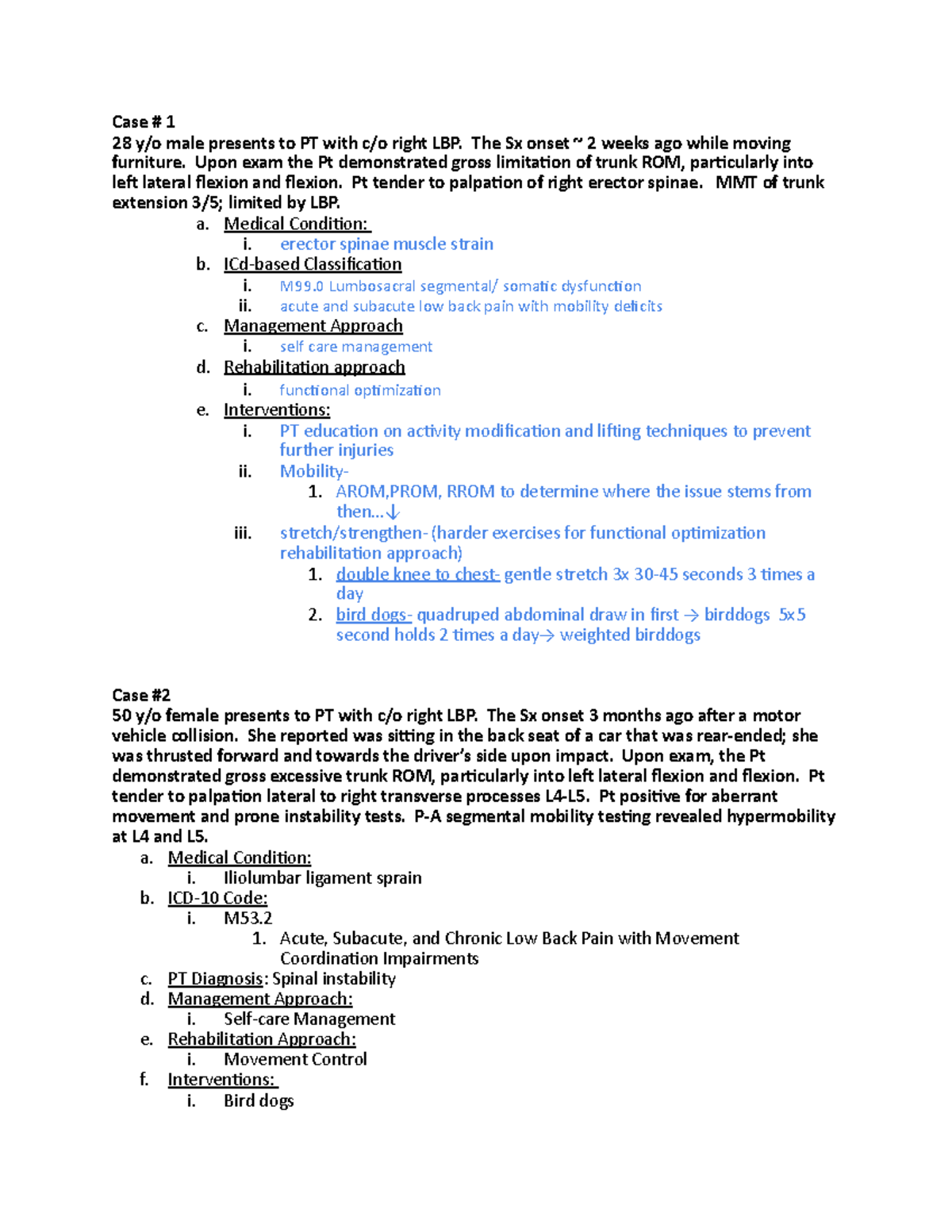 Lumbar spine cases Lab - Case # 1 28 y/o male presents to PT with c/o ...