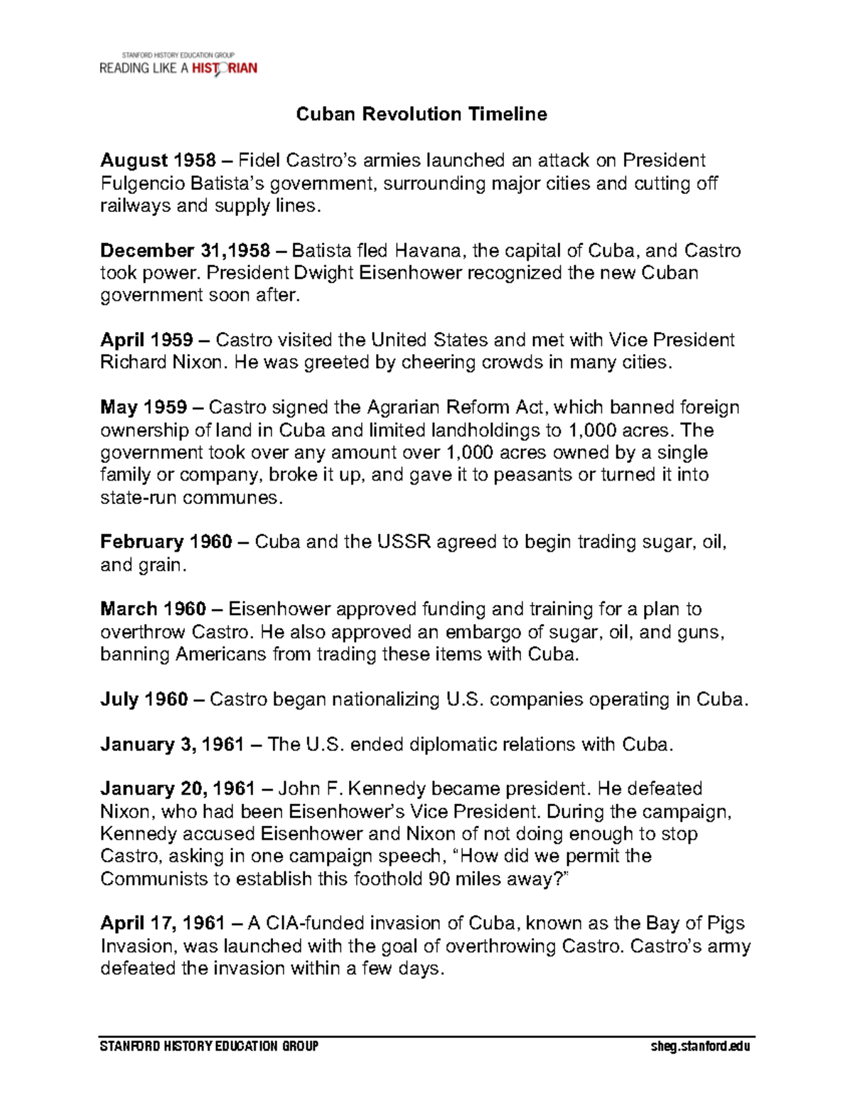 Castro+and+the+US+Student+Materials 1 - Cuban Revolution Timeline ...