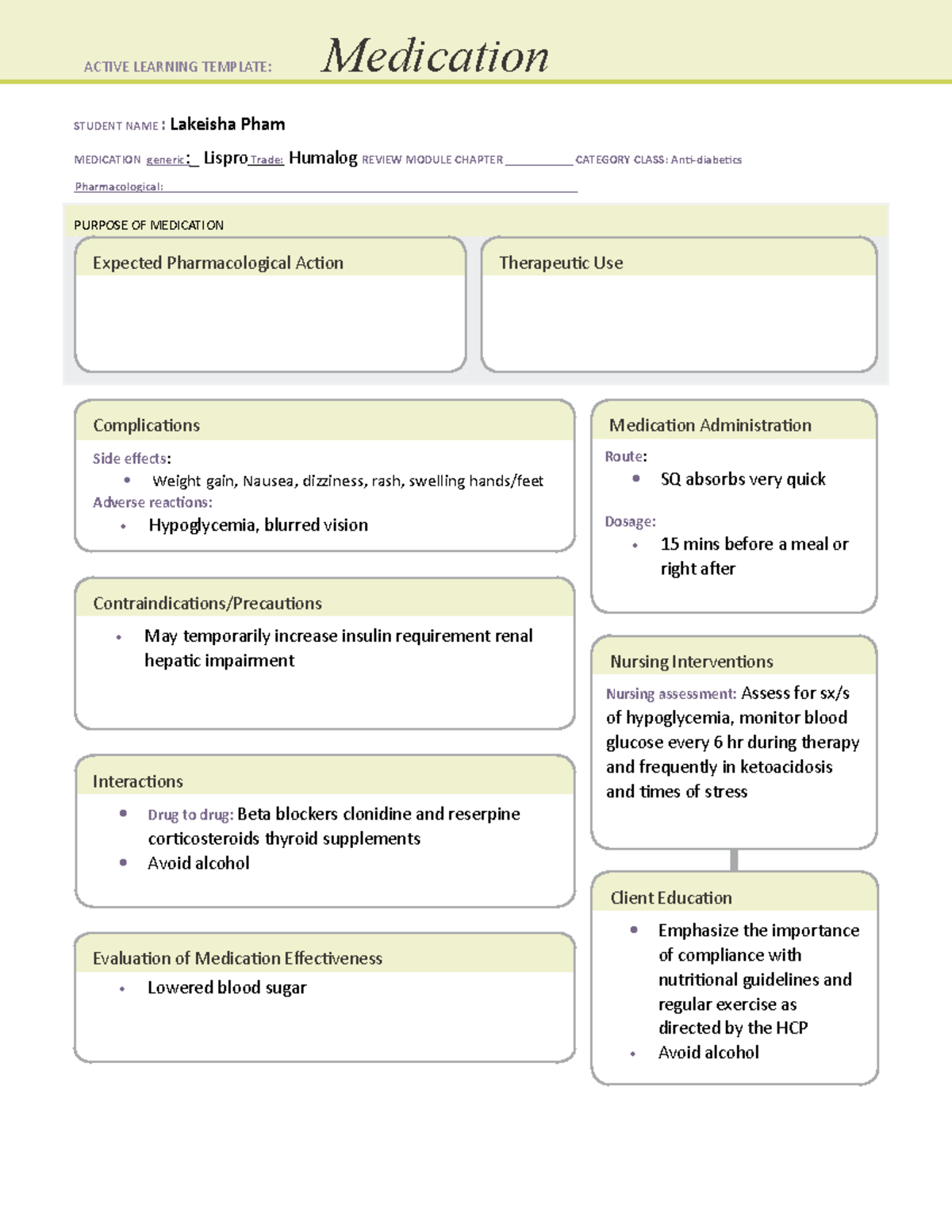 ALT Medication Card Lispro - NUR 450 - SSU - Studocu