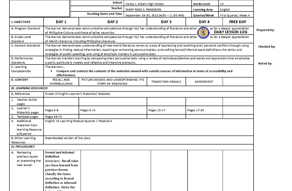DLL-SY-22-23 ENG10Q1M4W4 - Prepared by: Checked by: Noted by: School ...