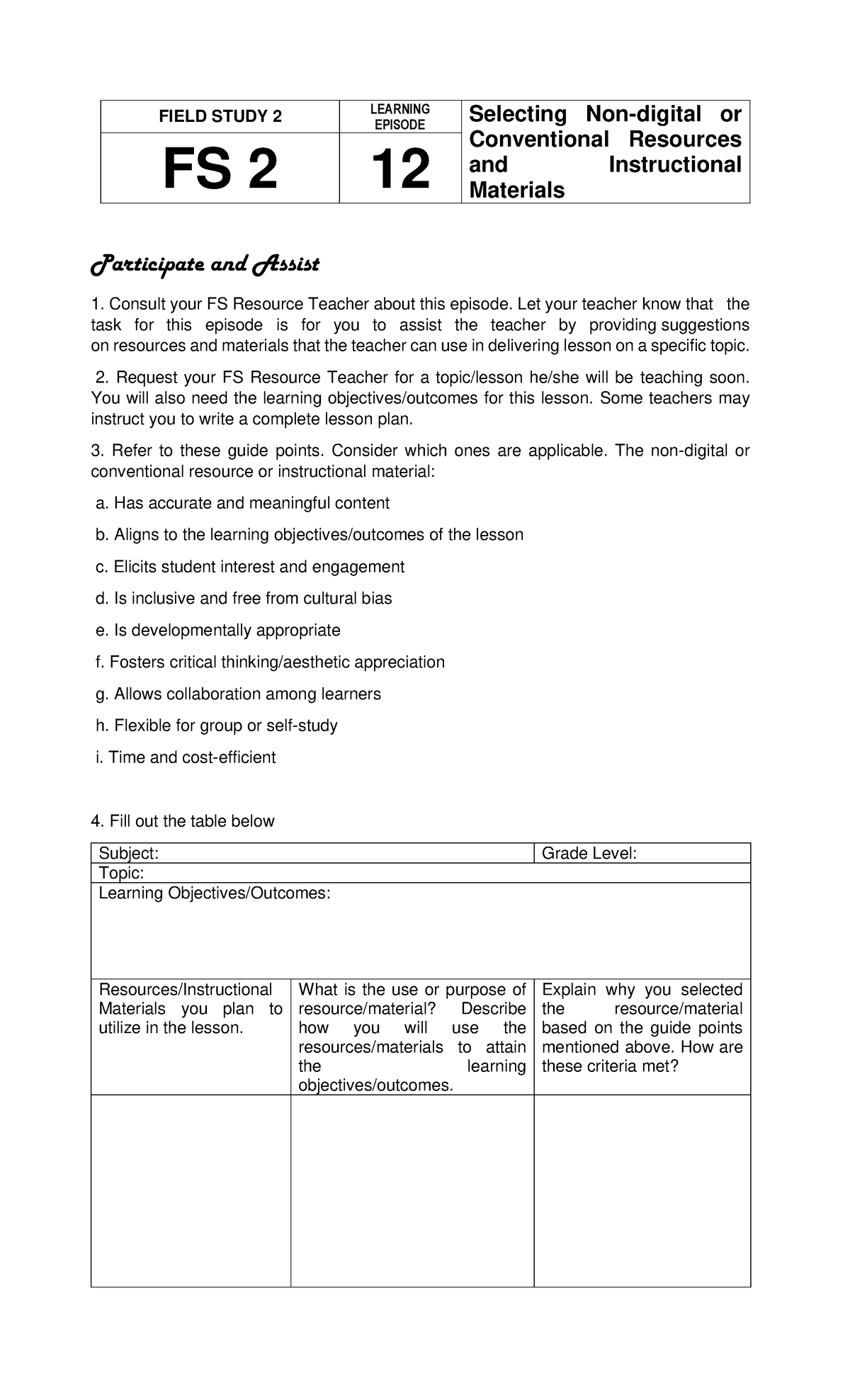 FS 2 Episode 12 - notes - FIELD STUDY 2 LEARNING EPISODE Selecting Non ...