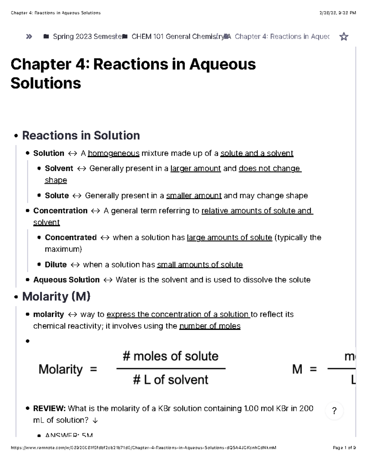 Chapter 4- Reactions in Aqueous Solutions - Spring 2023 Semester CHEM 101 General Chemistry A ...