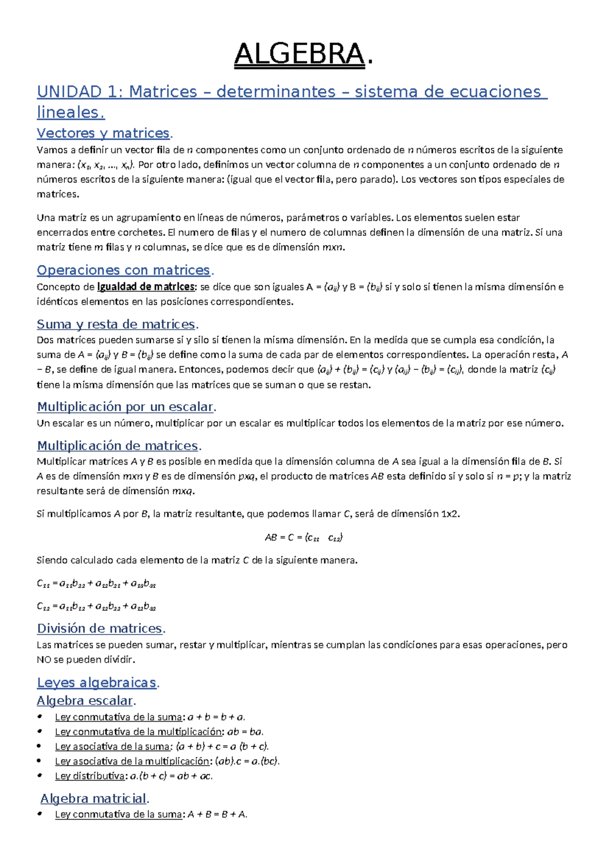 Resumen Algebra - ALGEBRA. UNIDAD 1: Matrices – determinantes – sistema ...