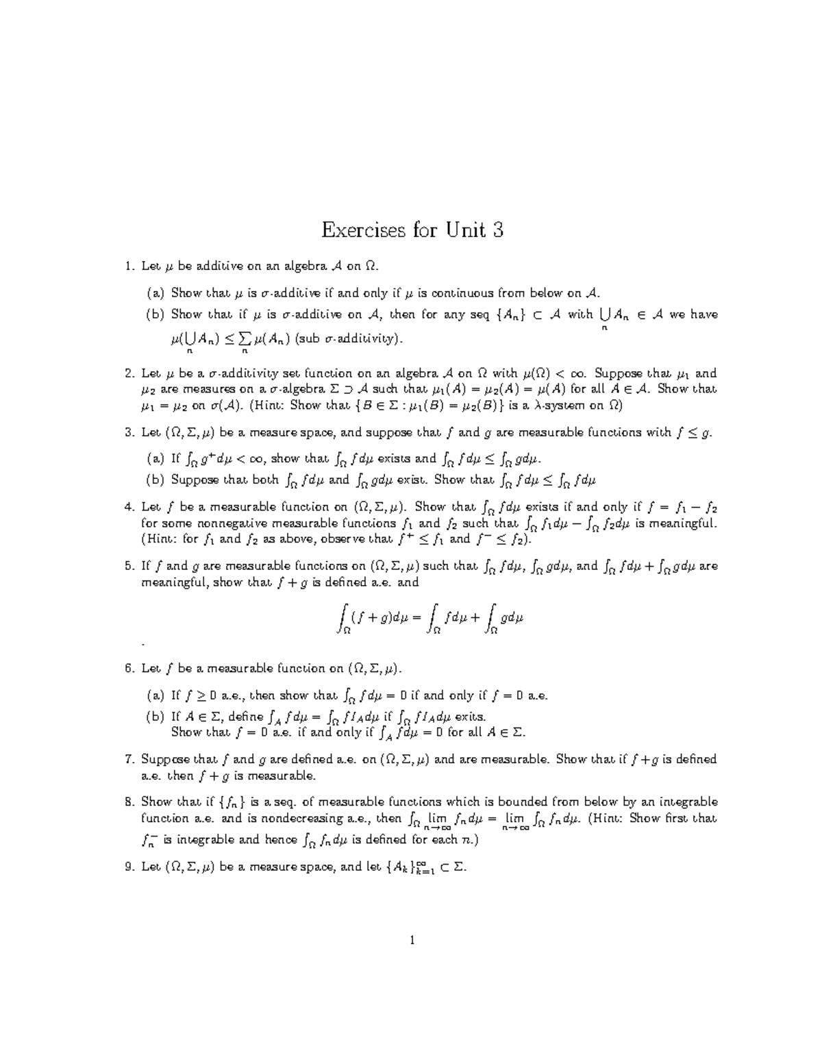 105S109 CS09L01 - N.A - Exercises for Unit 3 Let μ be additive on an ...