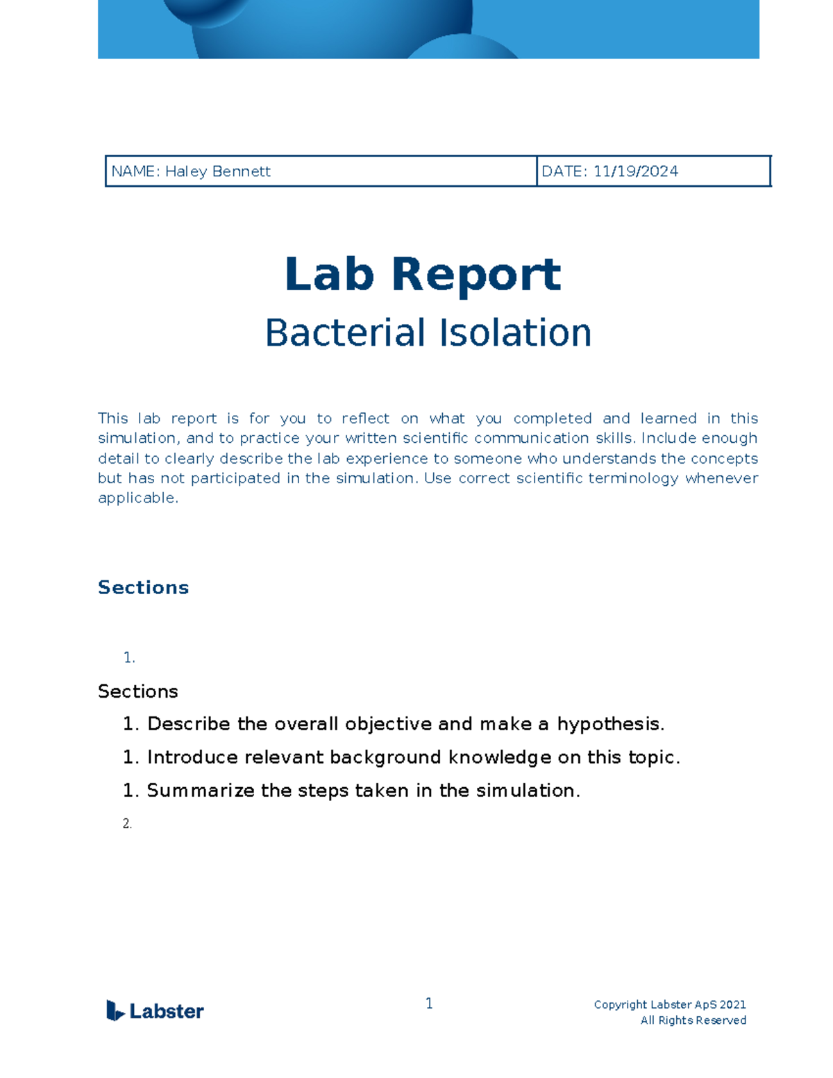 Lab bacteria - lab - NAME: Haley Bennett DATE: 11/19/ Lab Report ...