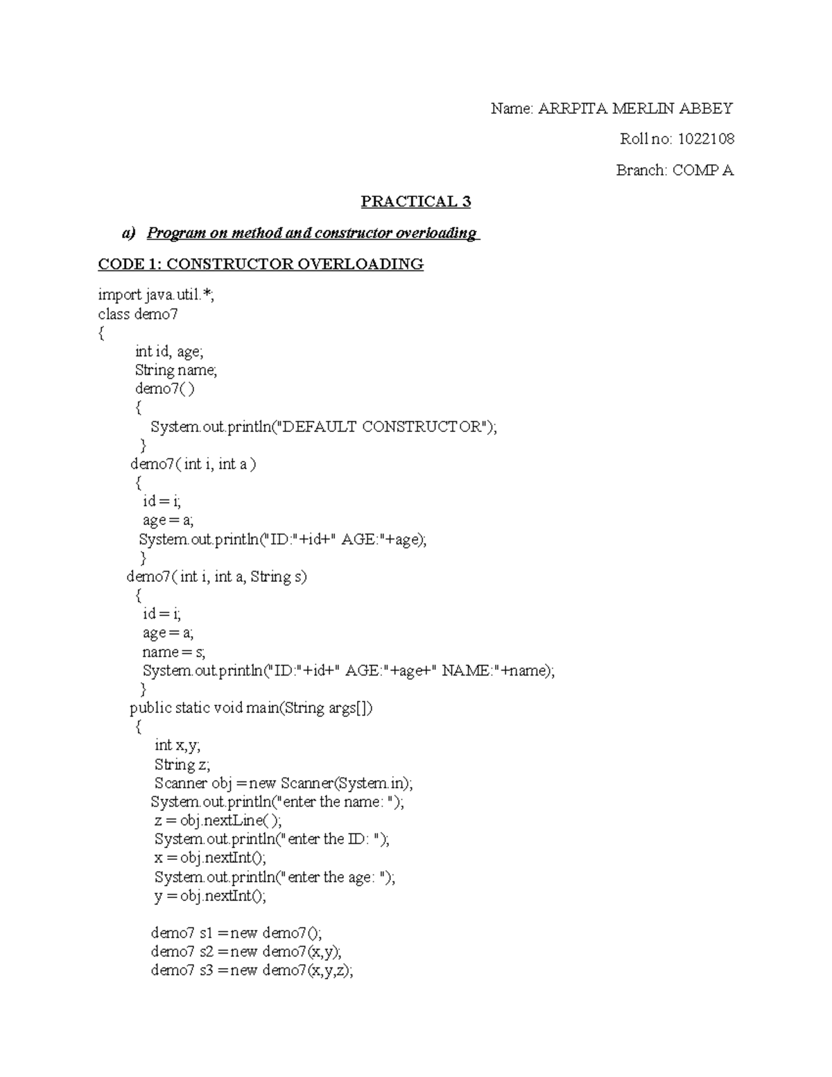 Java p3 - practical - Name: ARRPITA MERLIN ABBEY Roll no: 1022108 Branch: COMP A PRACTICAL 3 a ...