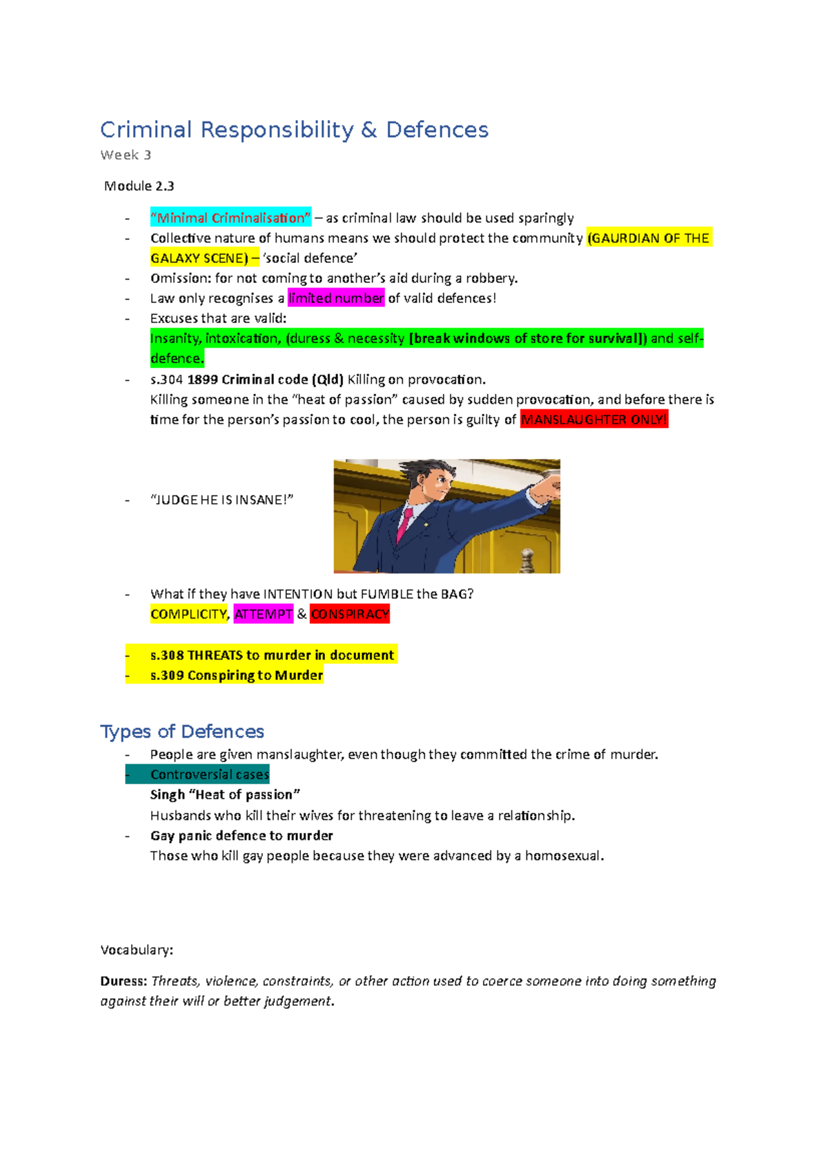 Week 3 (Criminal Responsibility) - Criminal Responsibility & Defences ...