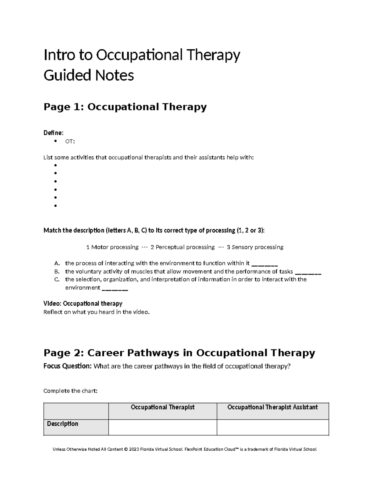Guided notes intro to occupational therapy - Intro to Occupational ...