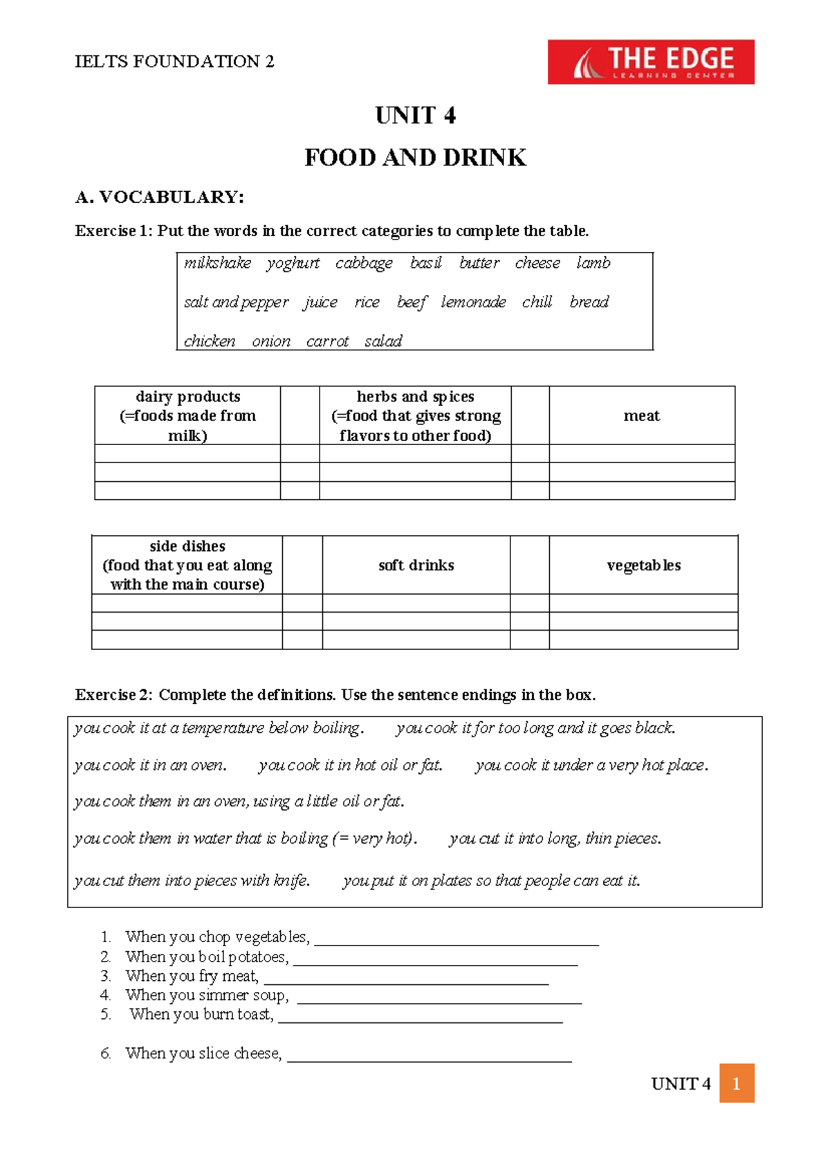 Unit 4 Student - sadsadad - UNIT 4 FOOD AND DRINK A. VOCABULARY ...