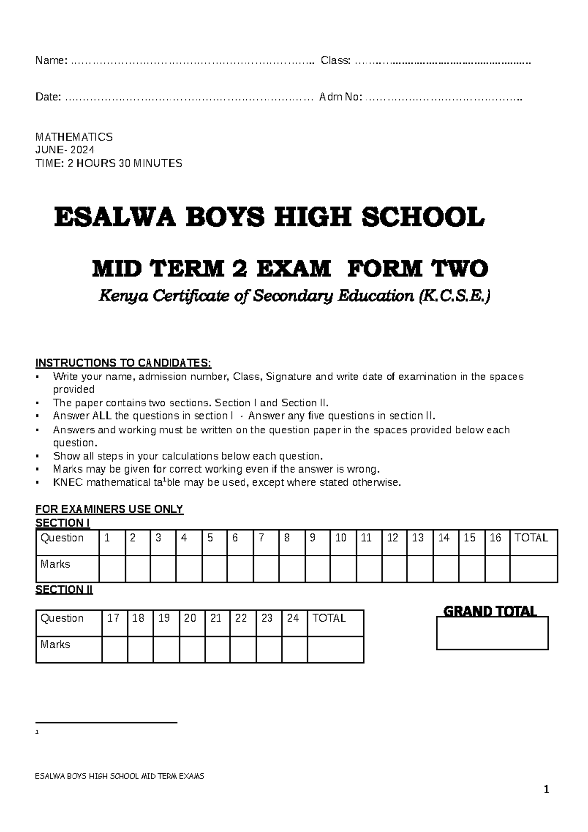 Form 2 Mathematics mid term exam 2024 - Name: Class: Date: Adm No ...