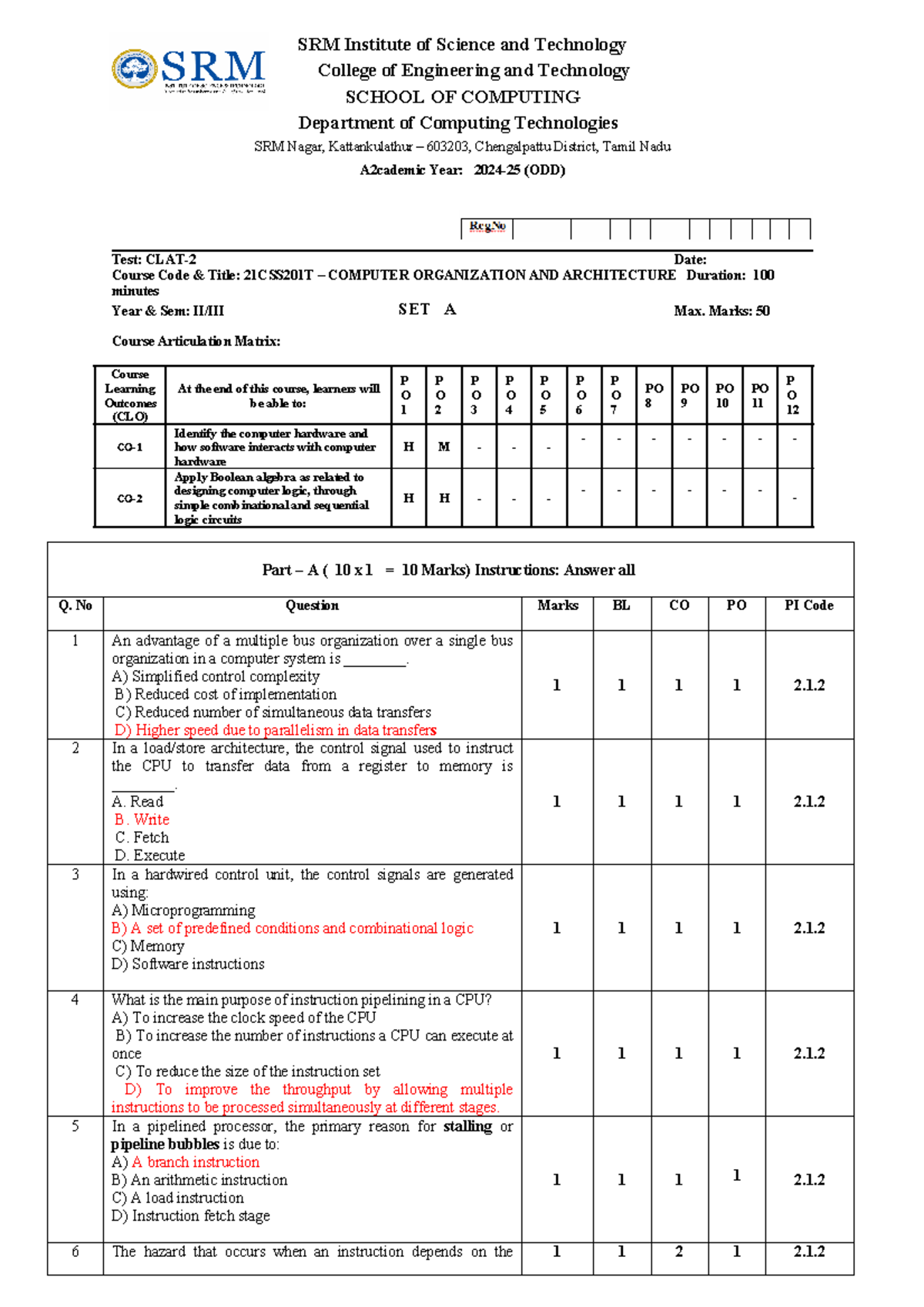 SET A COA Answer Key - SRM Institute of Science and Technology College ...