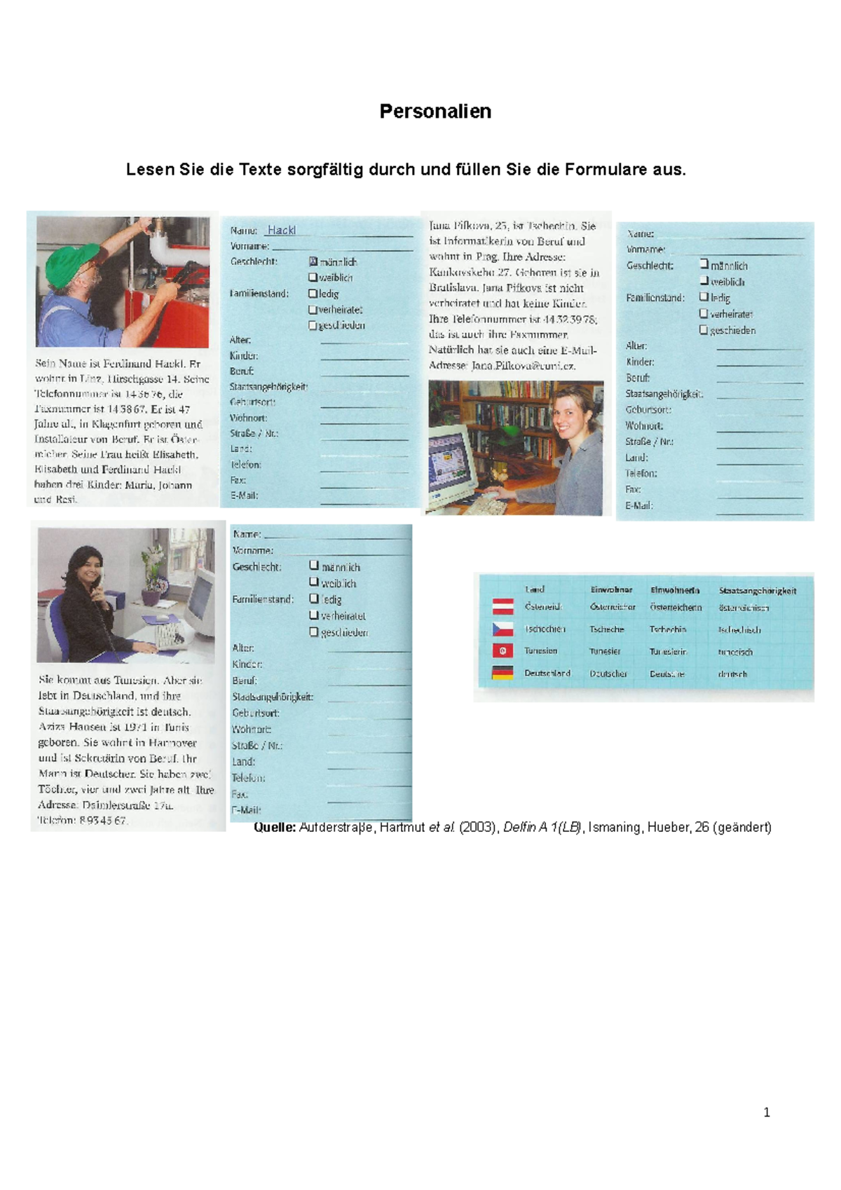 Personalien Arbeitsblatt P1 - Personalien Lesen Sie die Texte ...