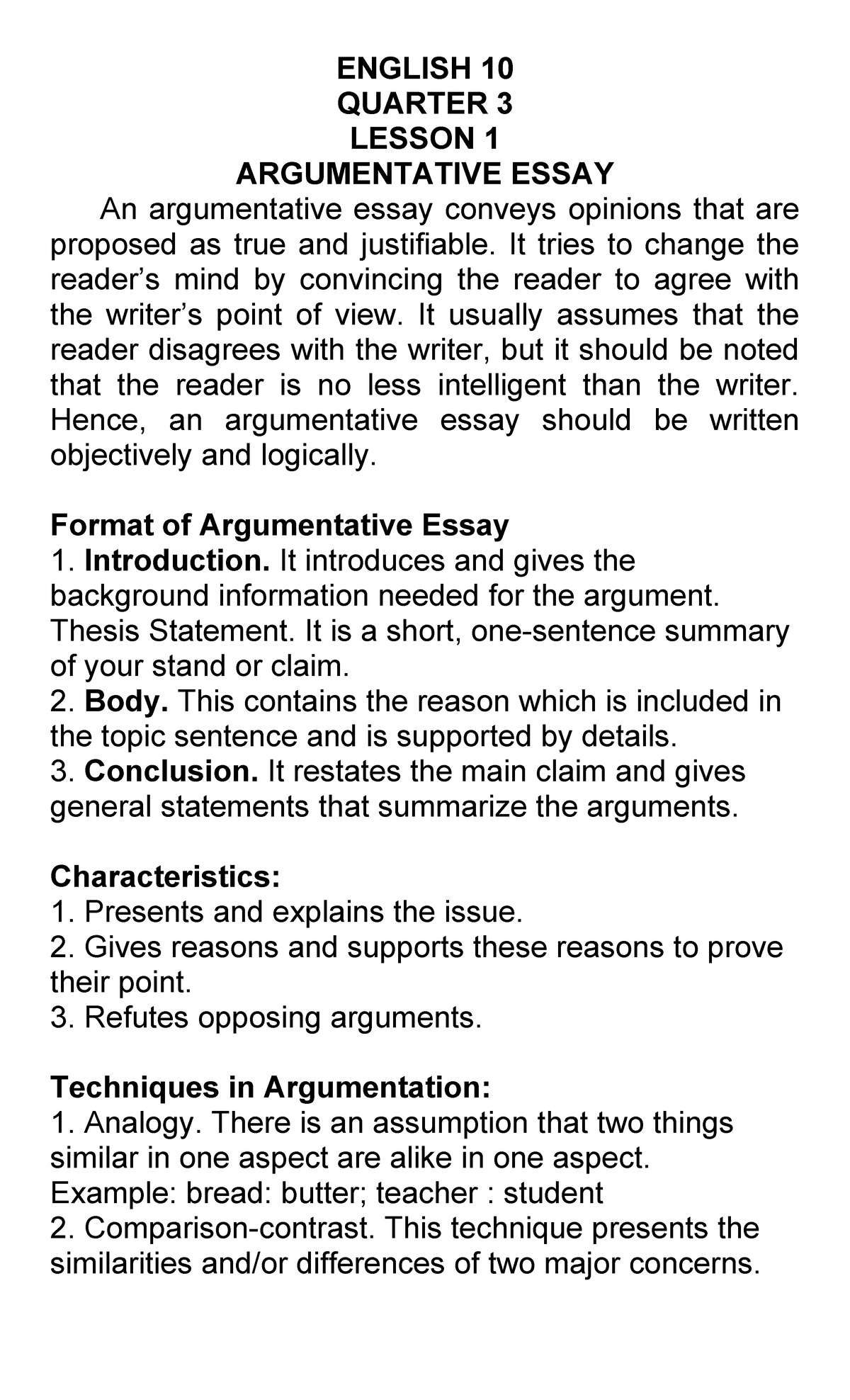 English 10 - Lesson 1 - ENGLISH 10 QUARTER 3 LESSON 1 ARGUMENTATIVE ...