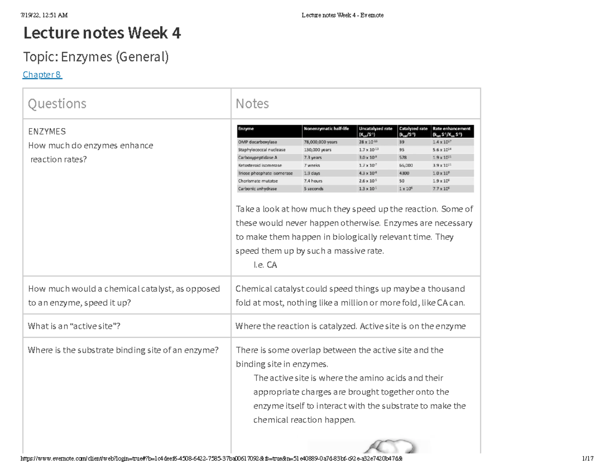 Lecture notes Week 4 - Evernote - Lecture notes Week 4 Topic: Enzymes ...