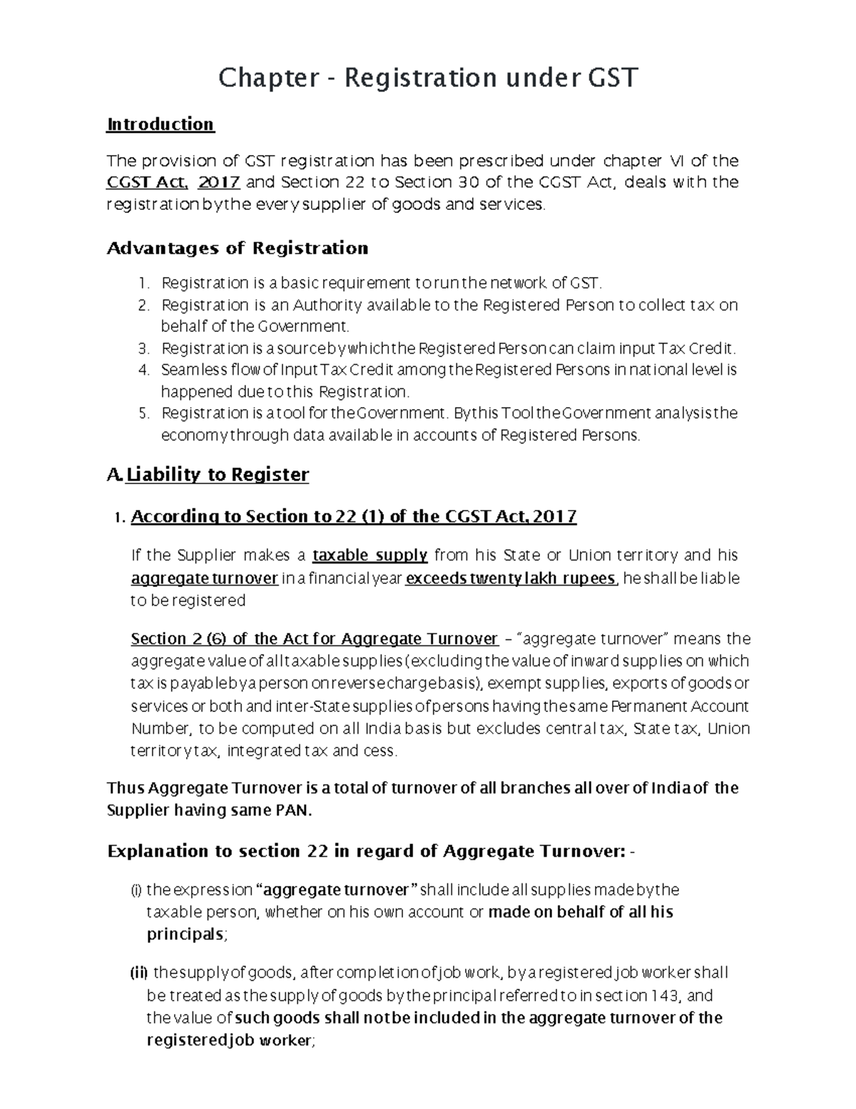 GST Registration - Notes - Chapter - Registration under GST ...