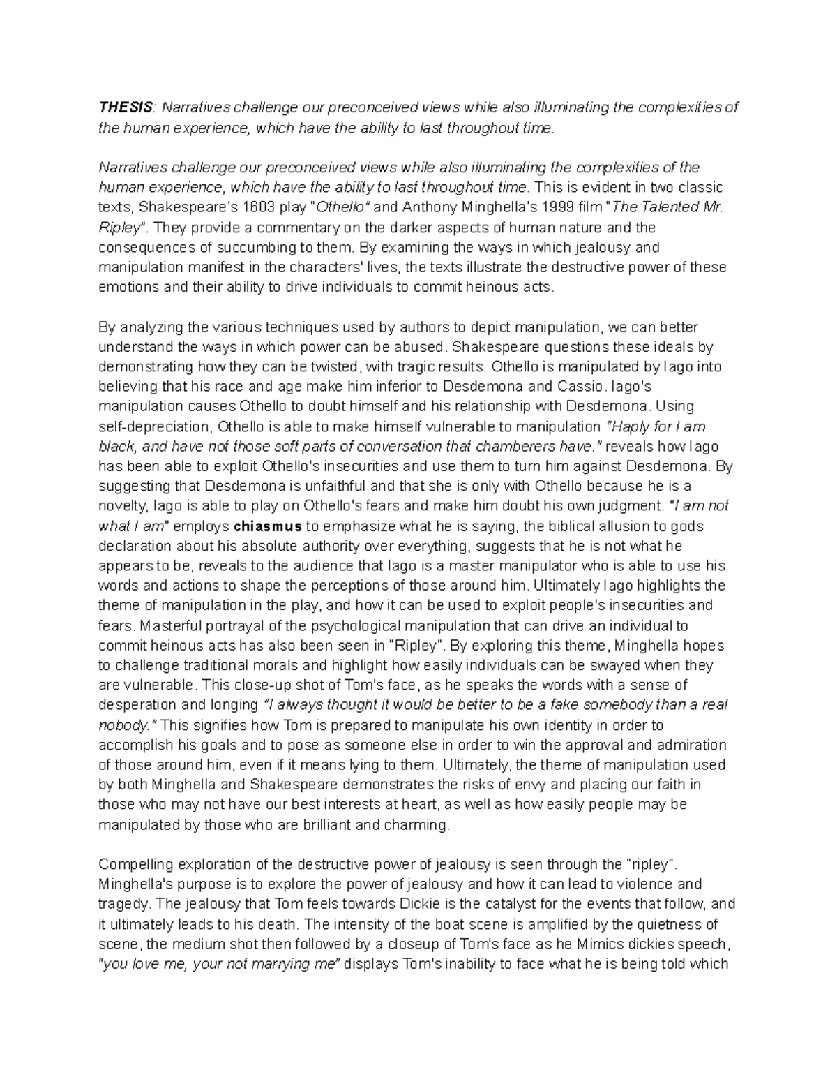 Othello and Talented Mr Ripley Essay - THESIS: Narratives challenge our ...