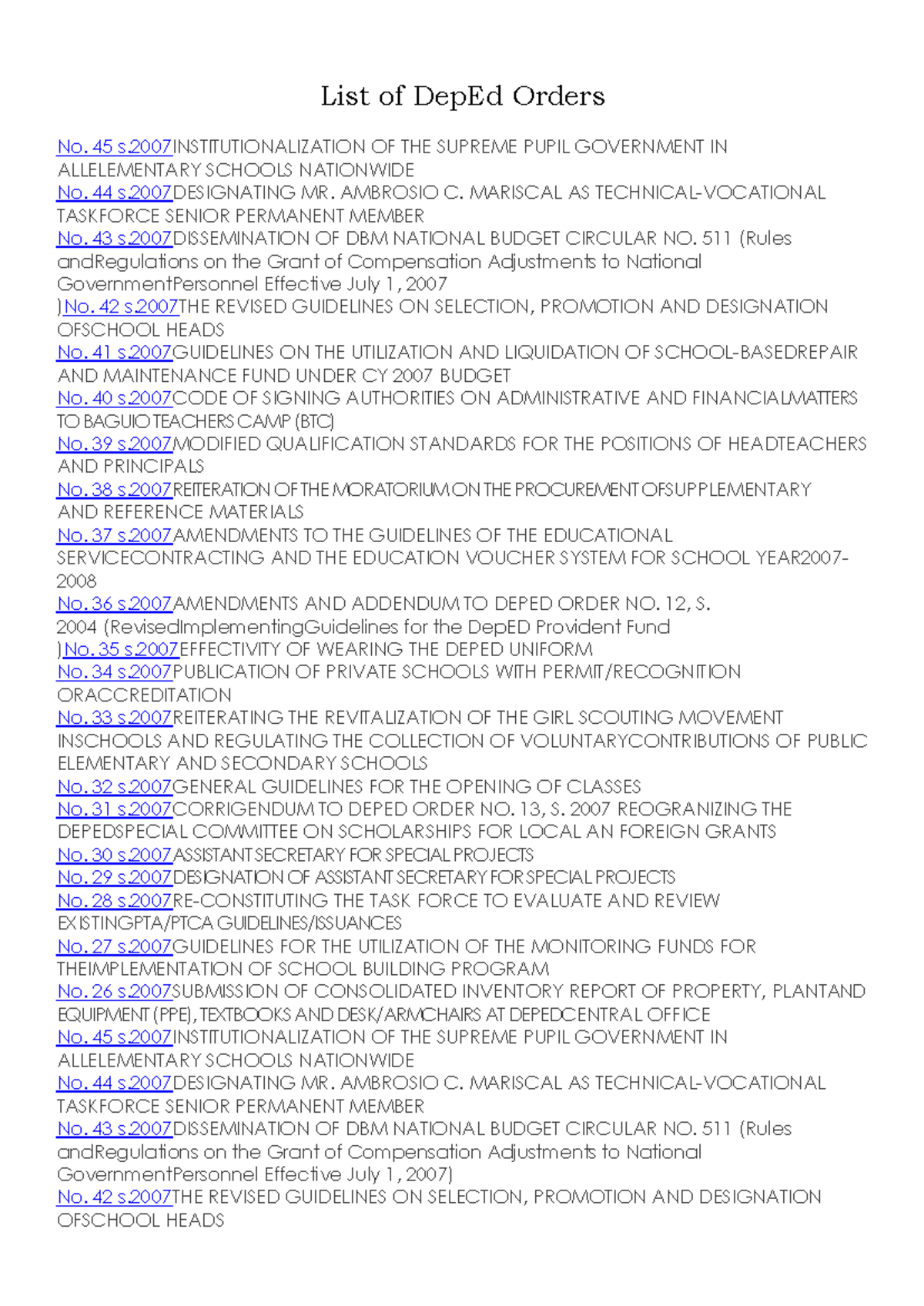 List of Dep Ed Orders - 45 s OF THE SUPREME PUPIL GOVERNMENT IN ...