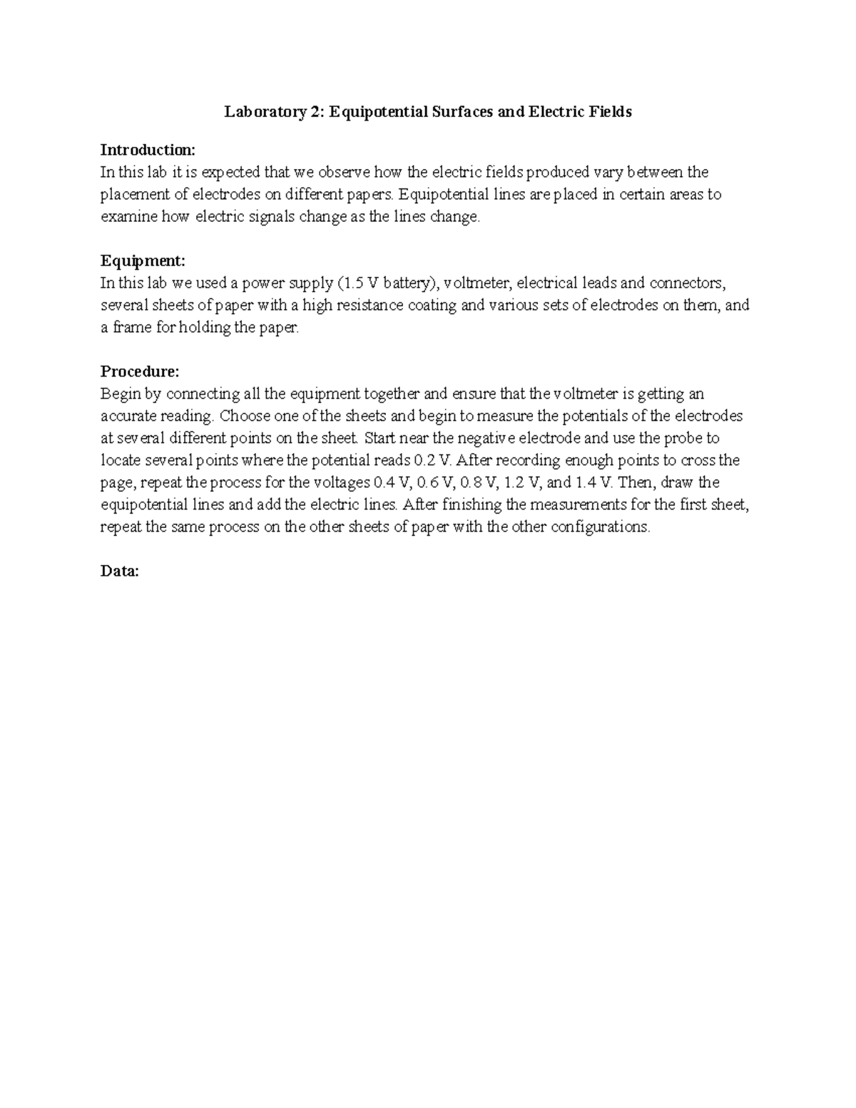 Physics Lab 123-02 - Laboratory 2: Equipotential Surfaces and Electric Fields Introduction: In ...