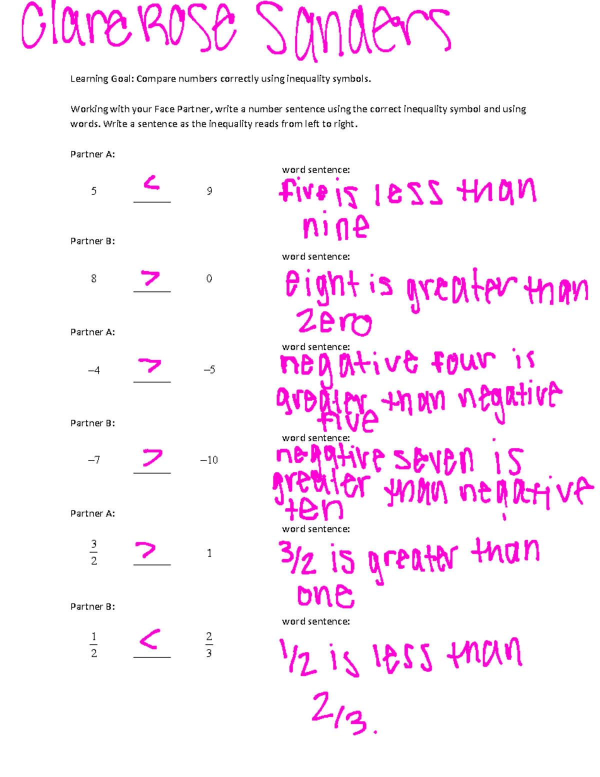 1.1.2 Compare numbers using inequality symbols - Learning Goal: Compare ...