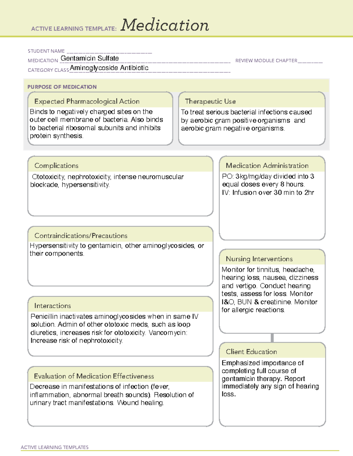 Gentamycin - Review notes and answers for quiz 1 NURS 306. Notes for ...