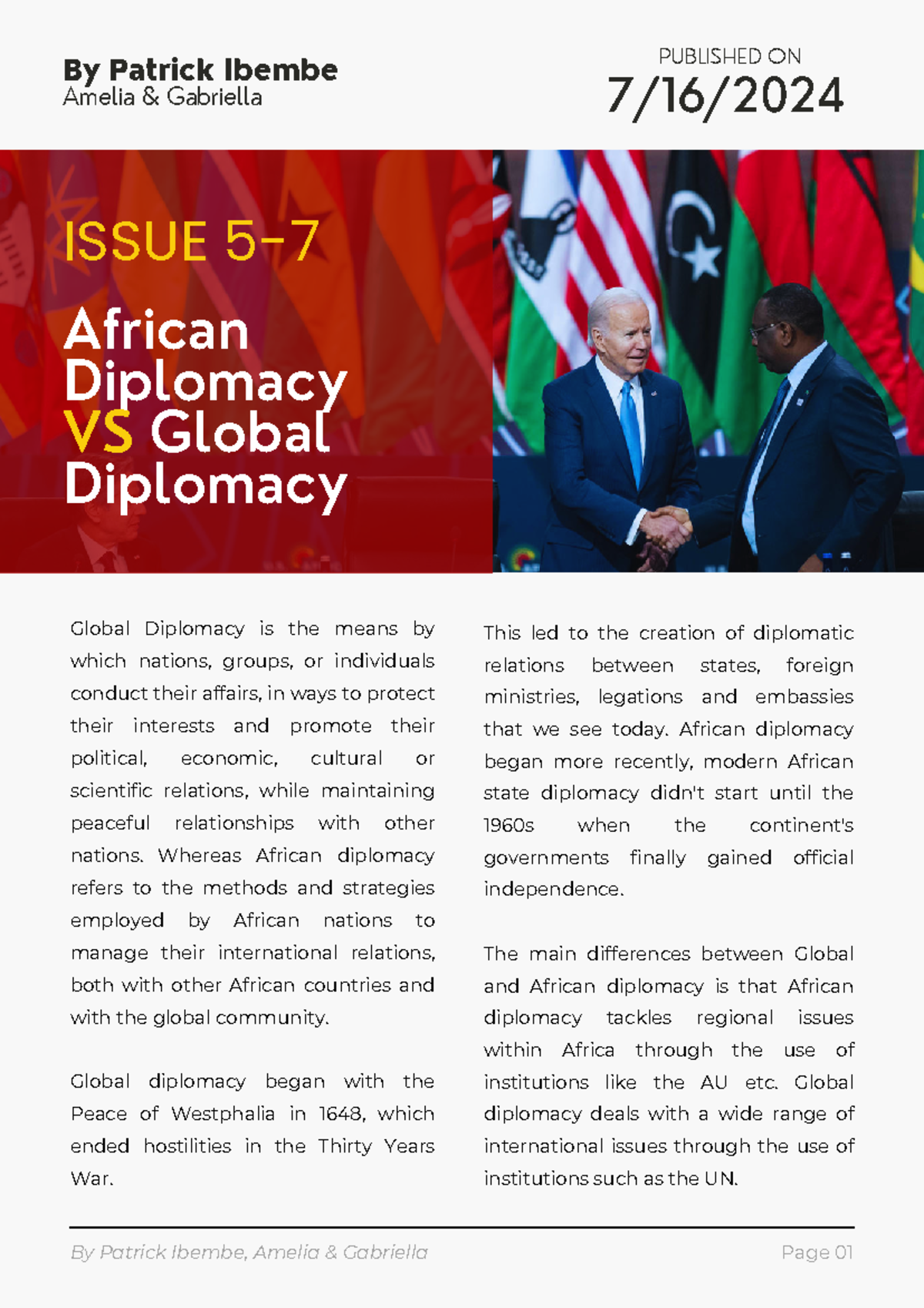 African Diplomacy VS Global Diplomacy - PUBLISHED ON 7/16/ By Patrick Ibembe Amelia & Gabriella ...