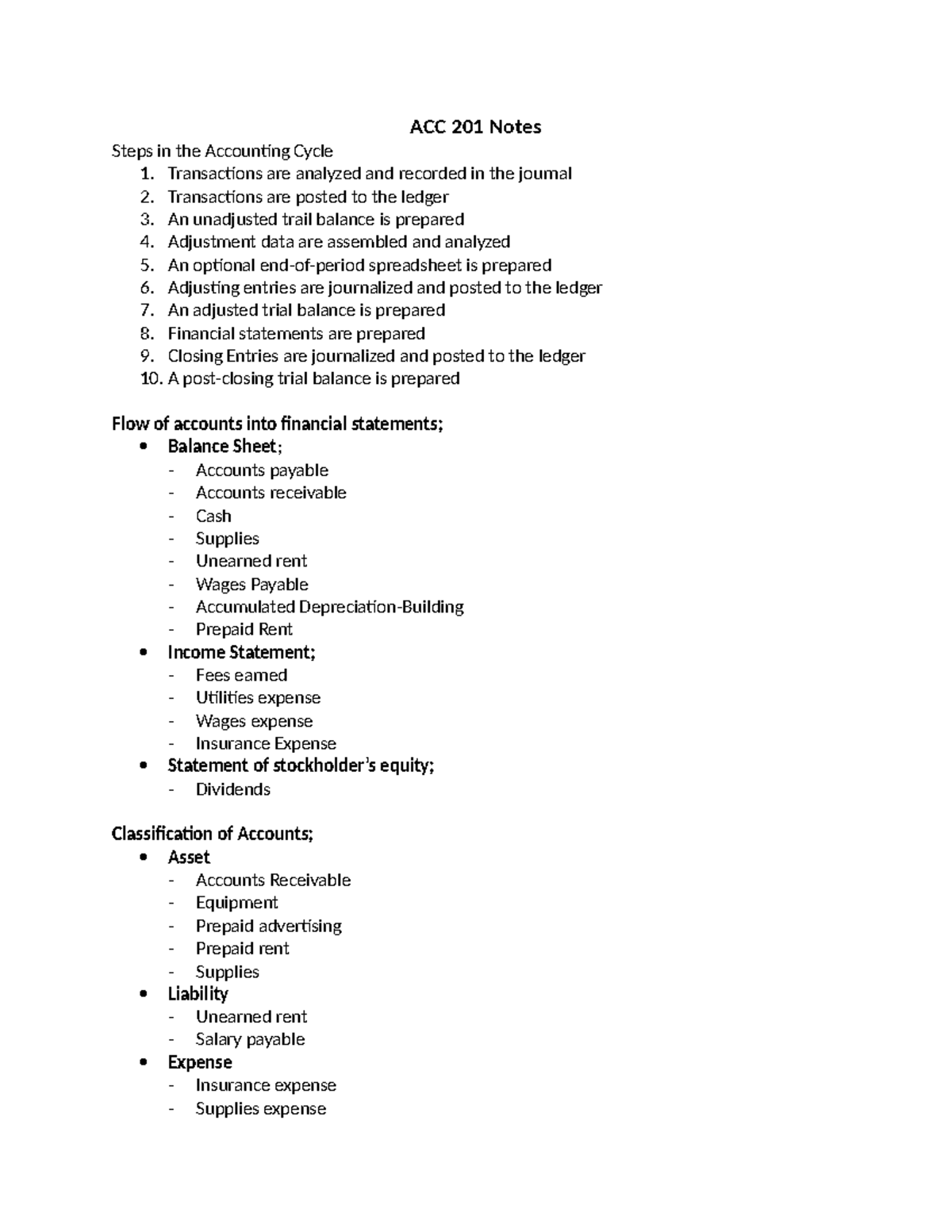 ACC 201 Notes - ACC 201 Notes Steps in the Accounting Cycle 1 ...