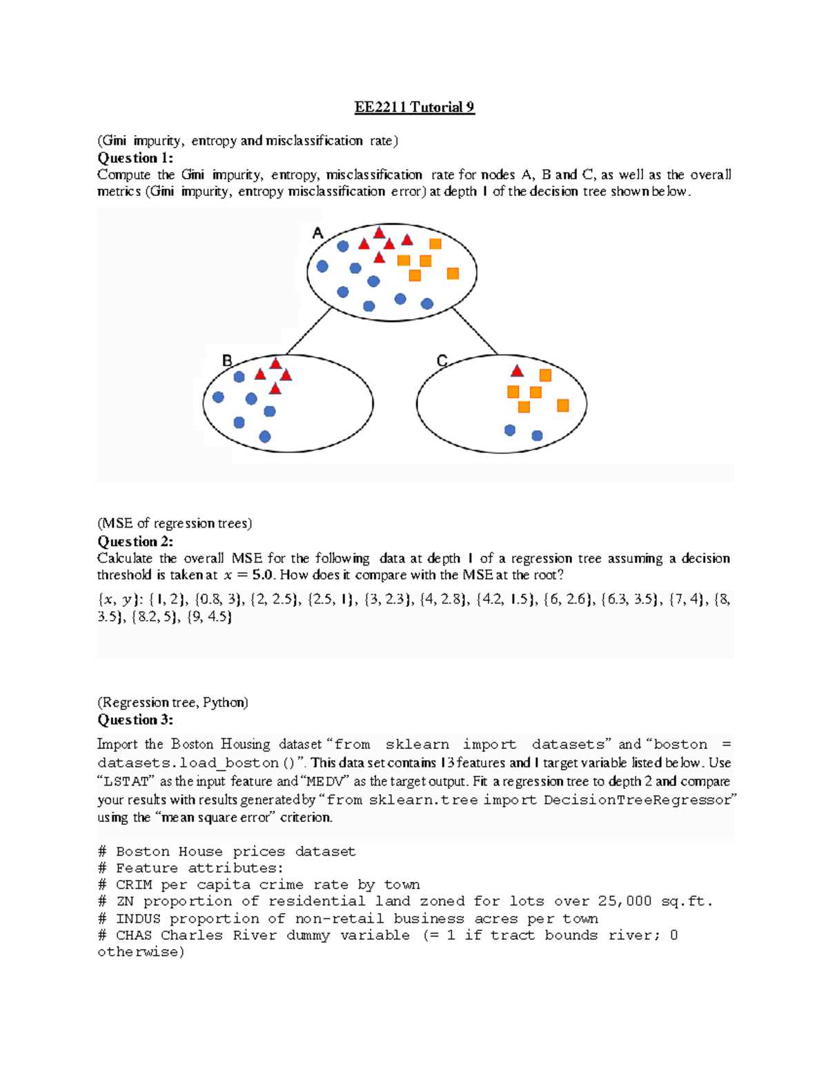 Tutorial 9 - EE2211 Tutorial 9 (Gini impurity, entropy and ...