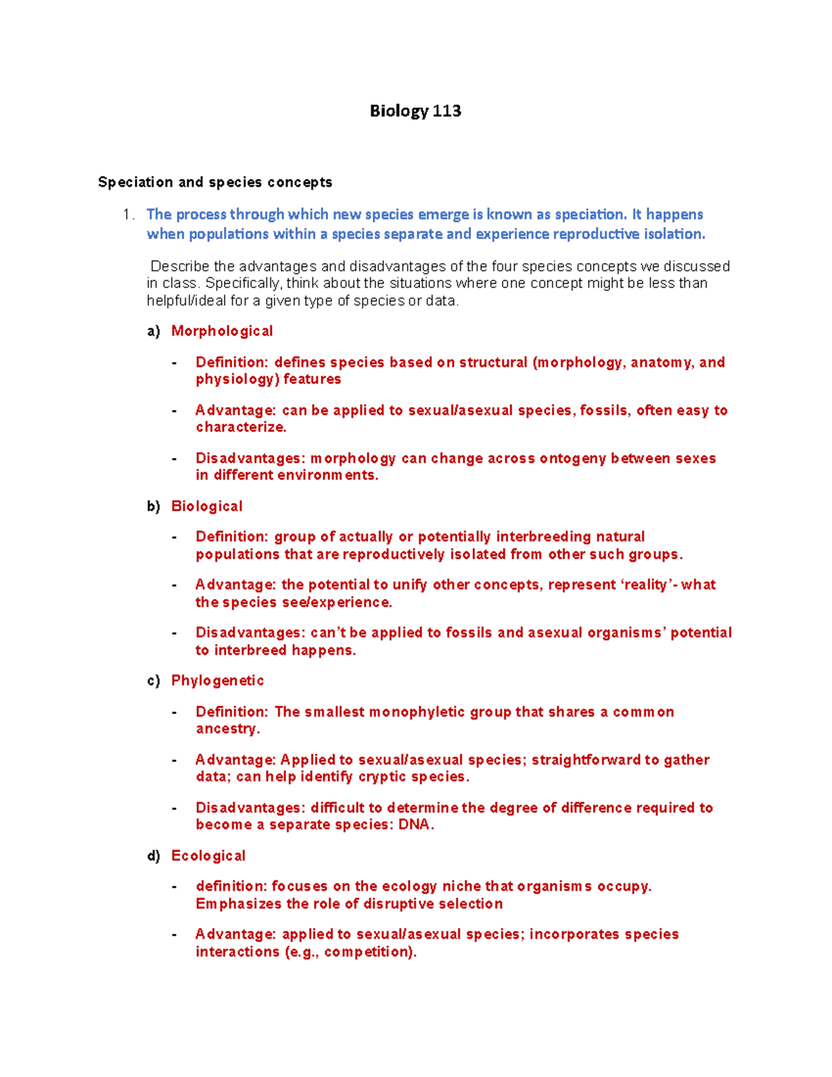 BIO 113 Notes (1) (Assignment) - Biology 113 Speciation and species ...