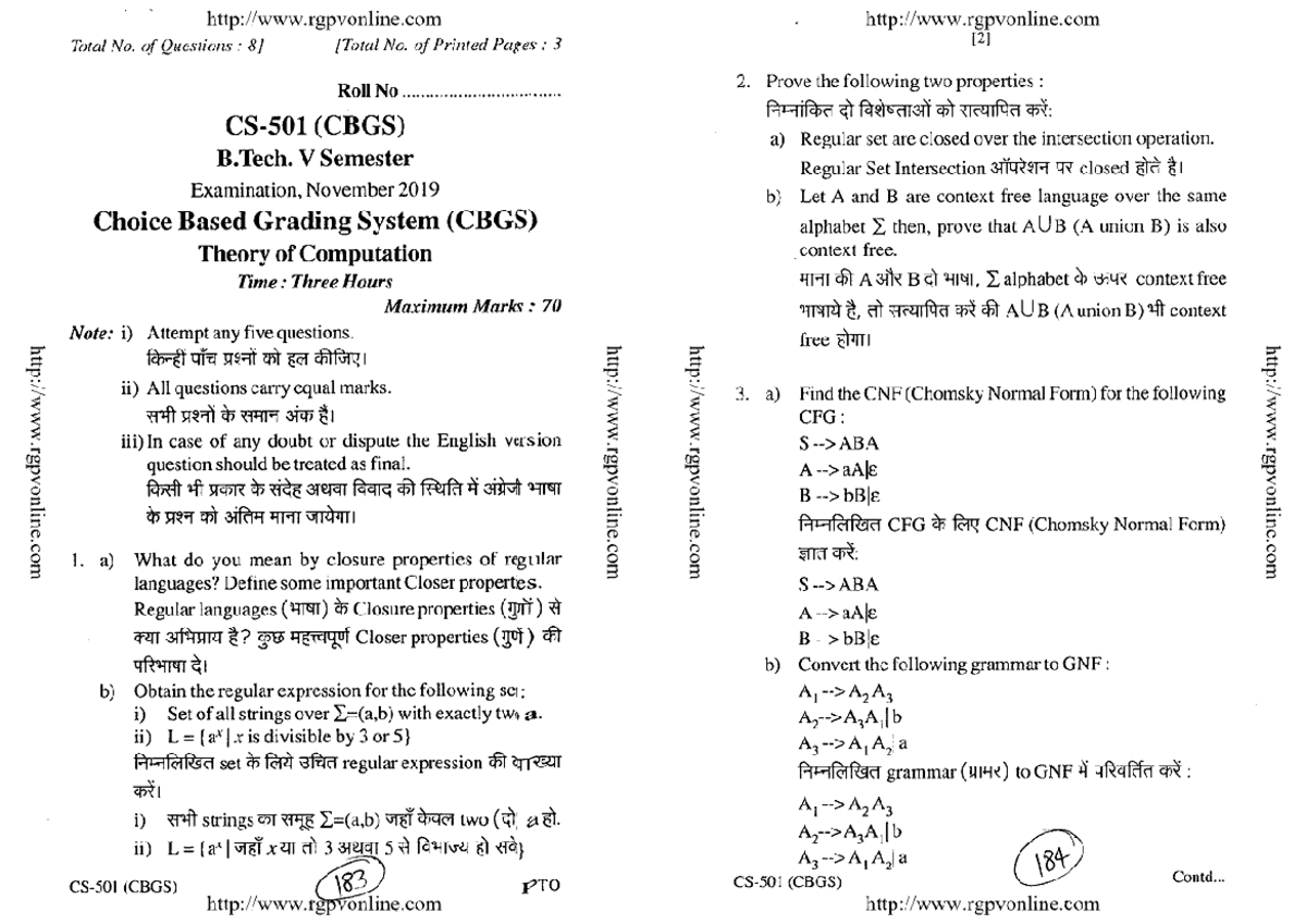 Theory of Computation Question Paper - Computer Engineering - Studocu
